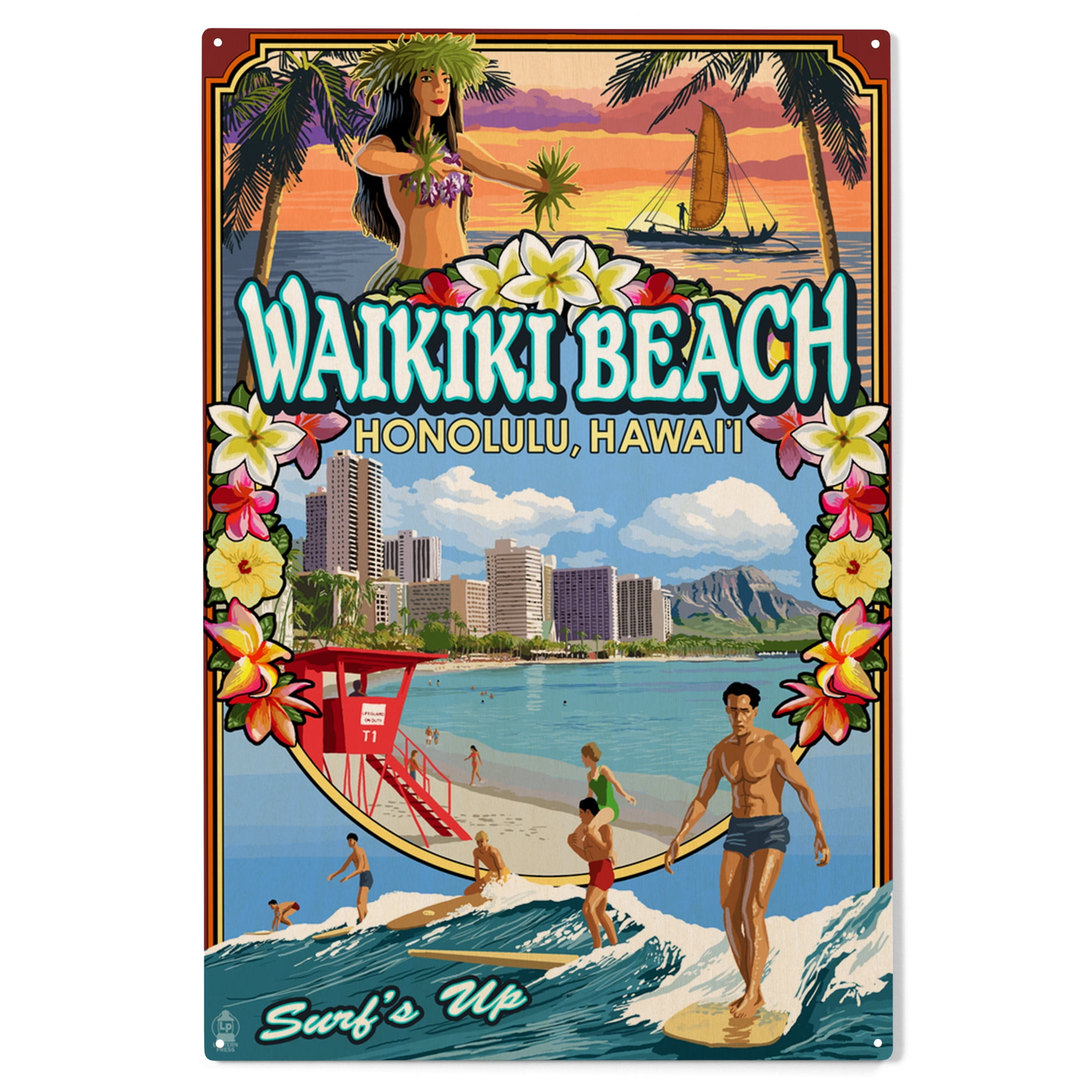 Waikiki Beach, Hawaii, Montage Scene Birch Wood Wall Sign (10x15 Rustic ...