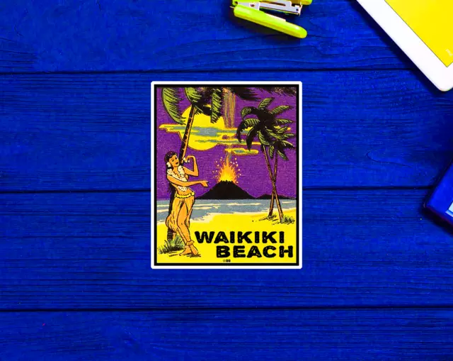 Waikiki Beach Hawaii Vintage Hula Volcano Beach Ocean Palm Trees ...