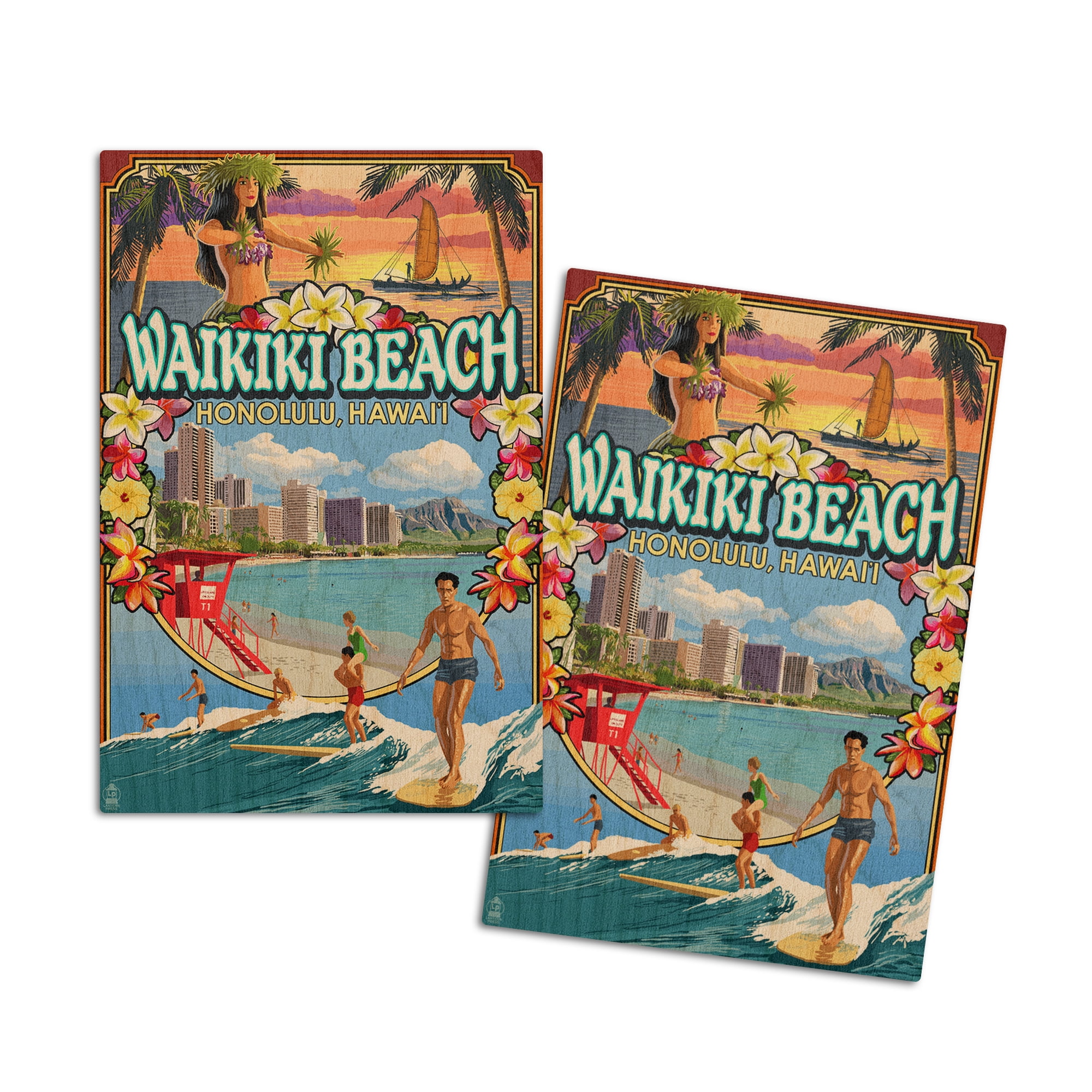 Waikiki Beach, Oahu, Hawaii, Scenes (4x6 Birch Wood Postcards, 2-Pack ...