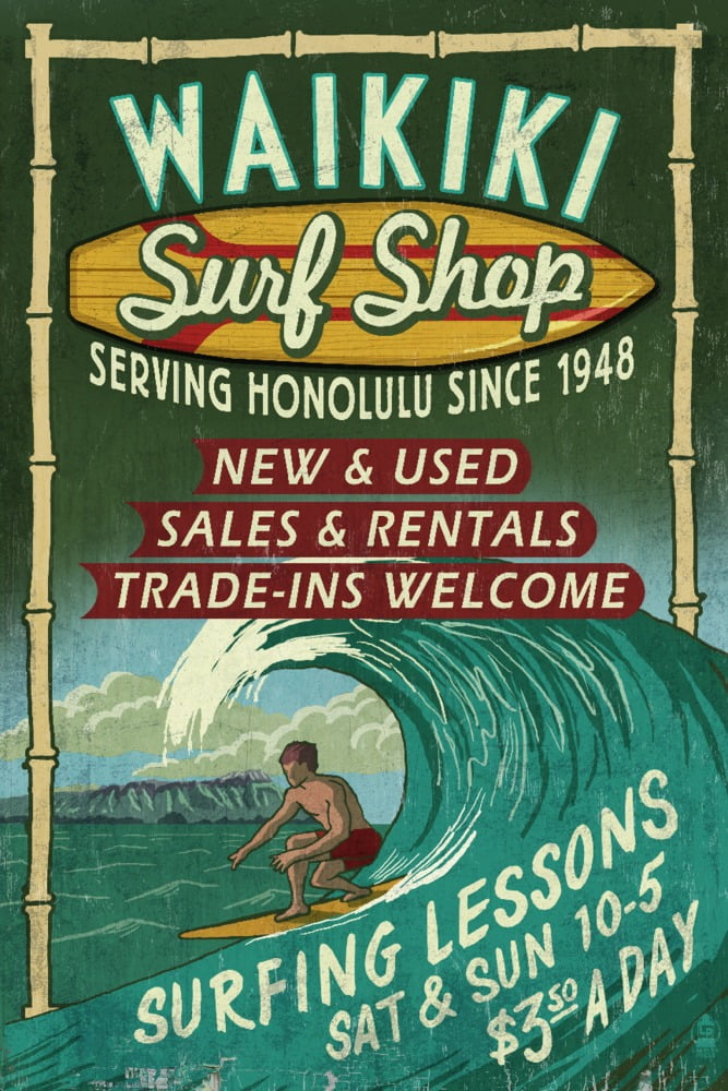 Waikiki Surf Shop, Hawaii, Surf Shop VIntage Sign (24x36 Giclee Gallery ...