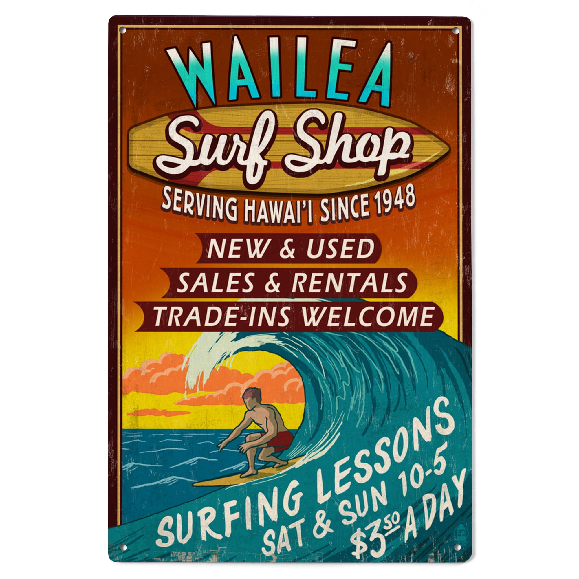 Wailea, Hawaii, Surf Shop Vintage Sign Birch Wood Wall Sign (6x9 Rustic ...