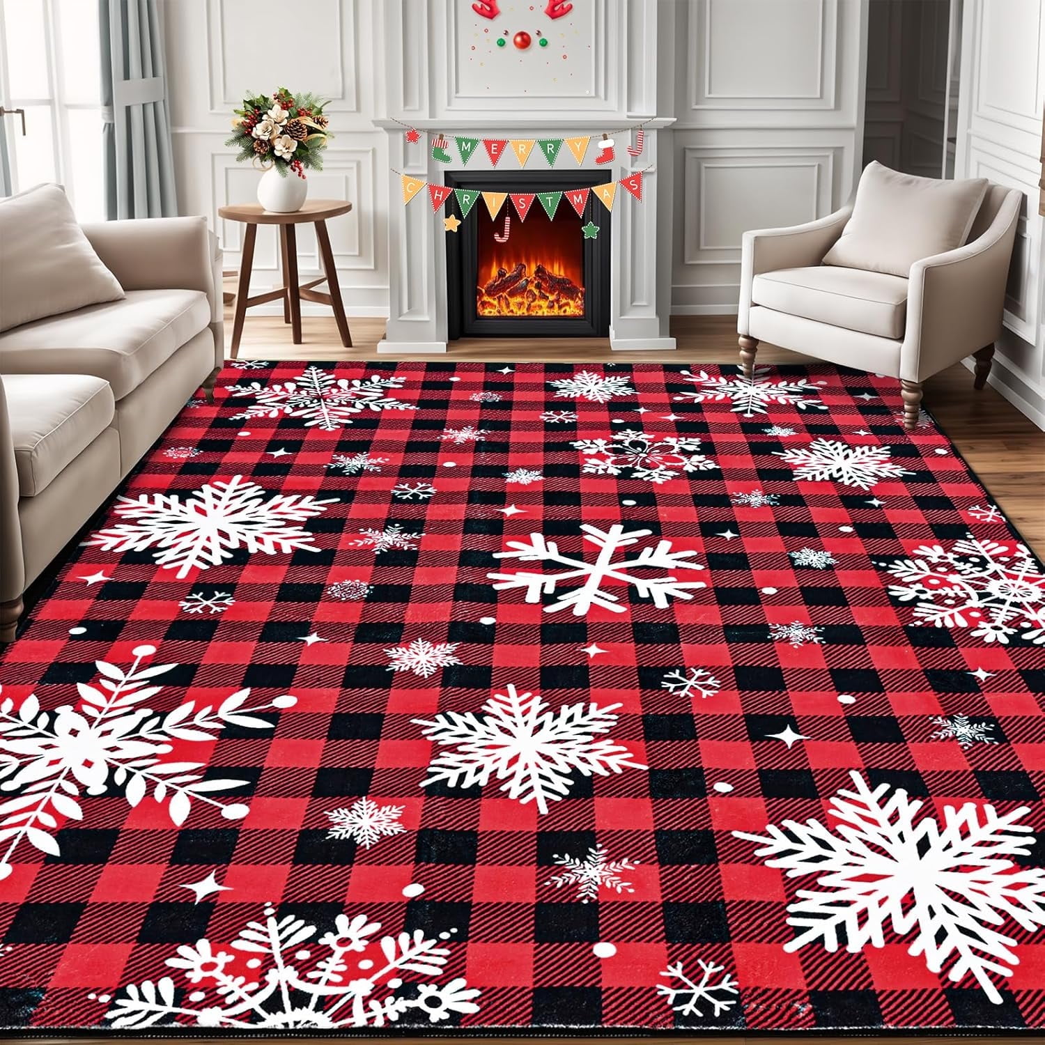 Waipfaru 8'x10' Christmas Area Rug Red and Black Buffalo Plaid Pattern ...