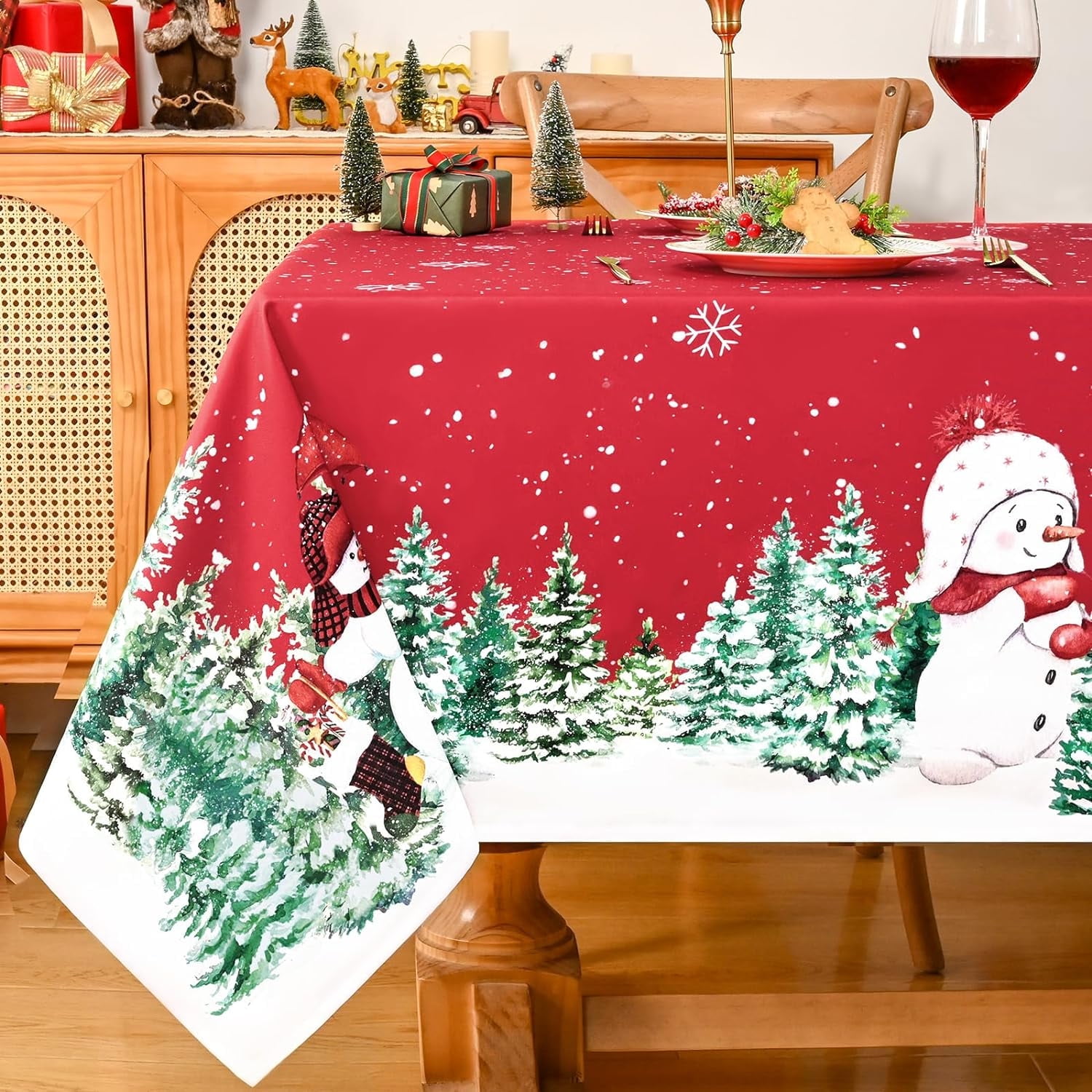 Waipfaru Christmas Tablecloth Snowman Table Cloth Red Rectangle Table ...