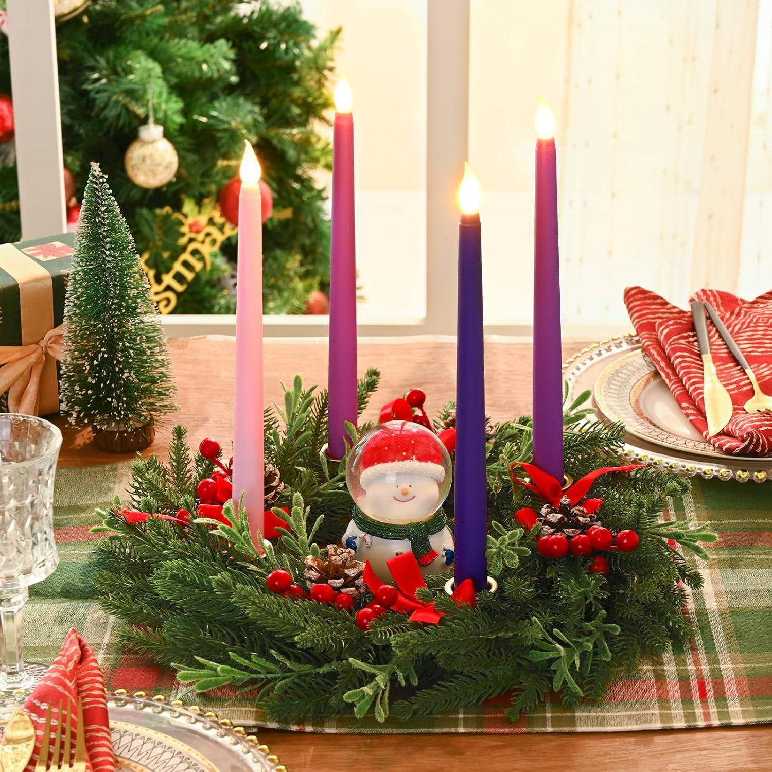 Waipfaru Christmas Wreath Advent Ring Candle Holder with 4 Flameless ...