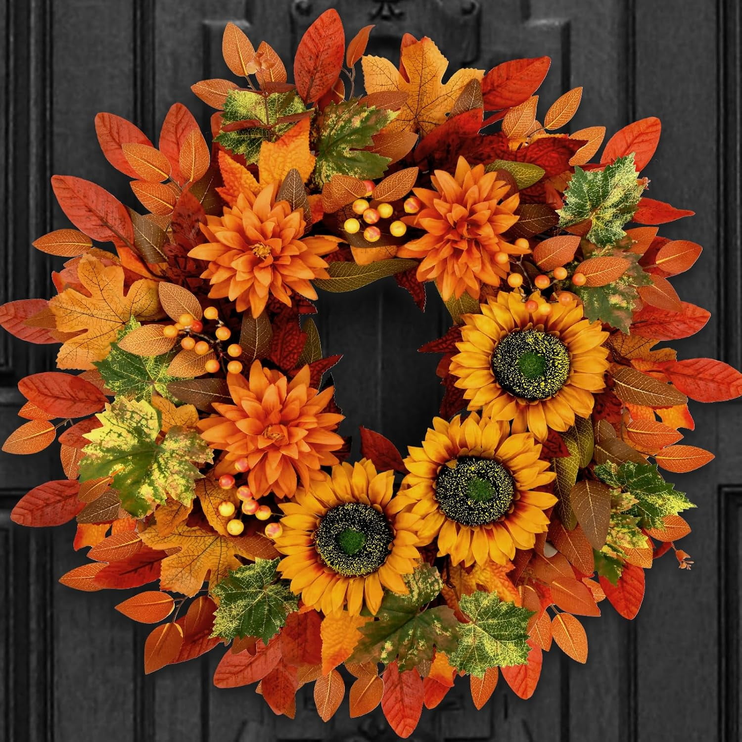 Waipfaru Fall Wreath for Front Door,22inch Sunflower and Dahlia Autumn ...