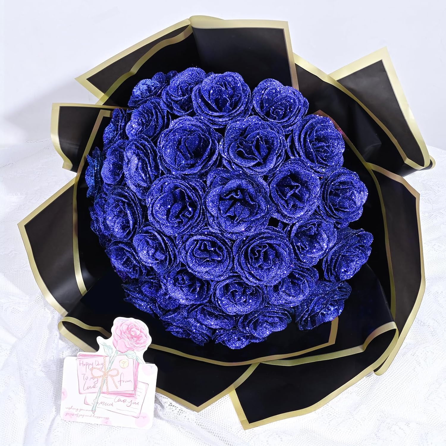 Waipfaru Glitter Roses Bouquet Blue,24pcs Glitter Artificial Flowers ...