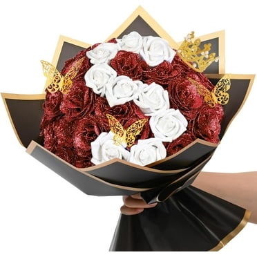 Waipfaru Glitter Roses Bouquet Purple,24pcs Glitter Artificial Flowers ...