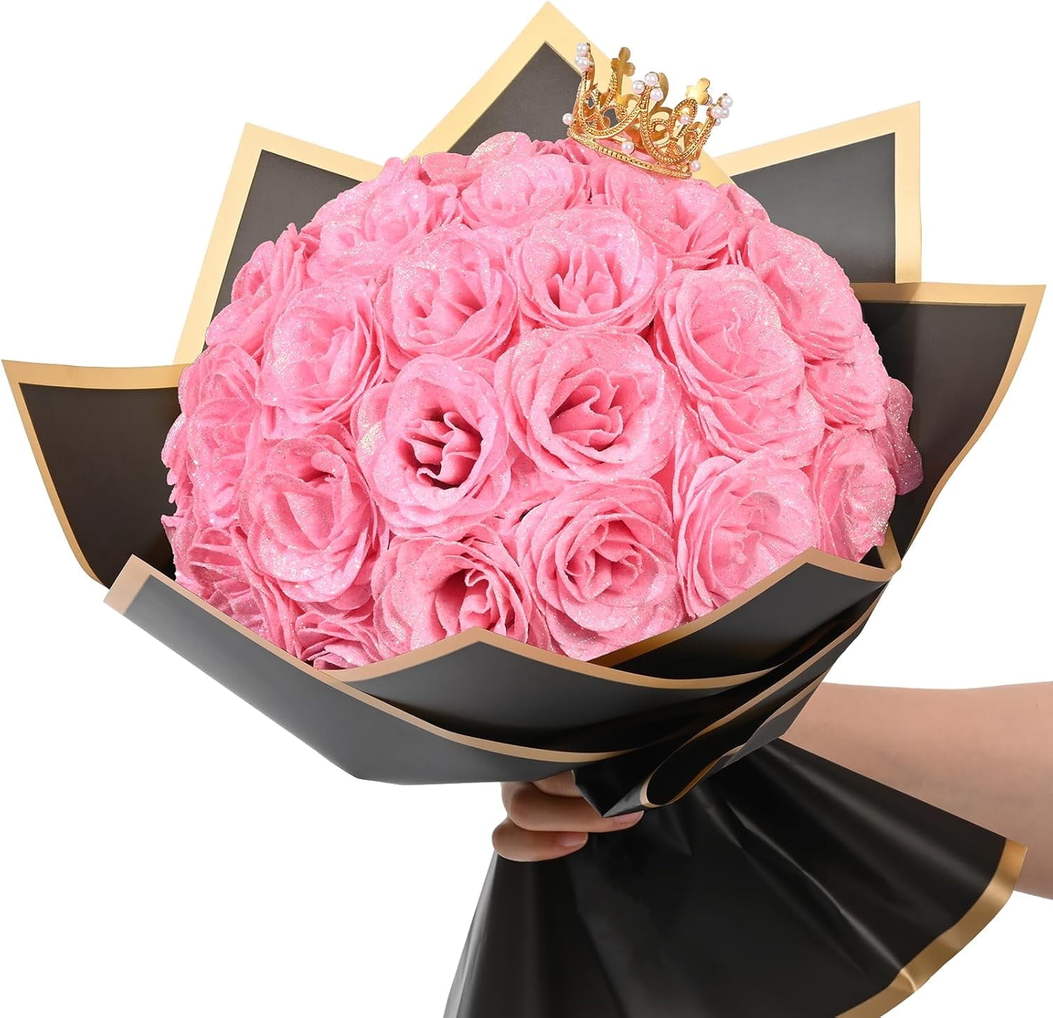 Waipfaru Glitter Roses Bouquet Pink,36pcs Glitter Artificial Flowers ...
