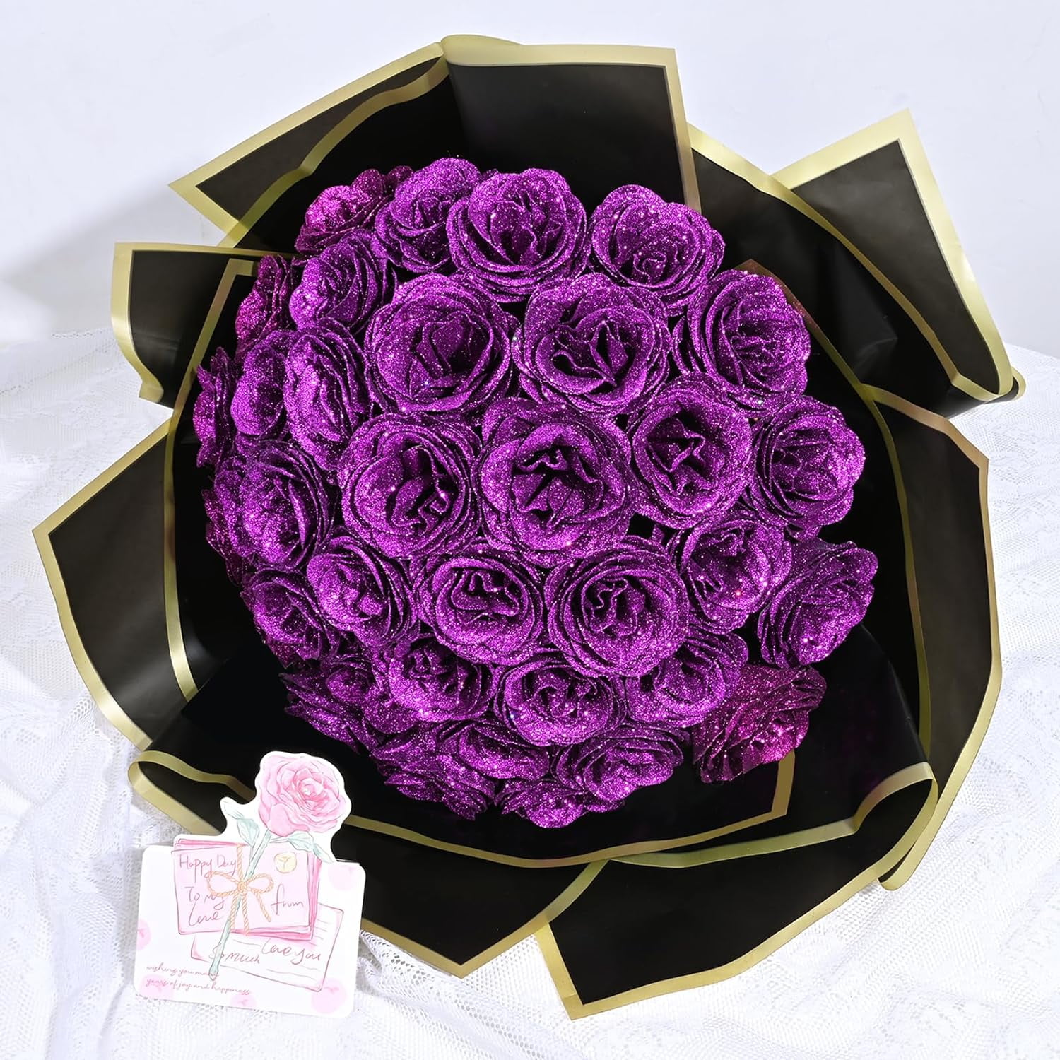 Waipfaru Glitter Roses Bouquet Purple,36pcs Glitter Artificial Flowers ...