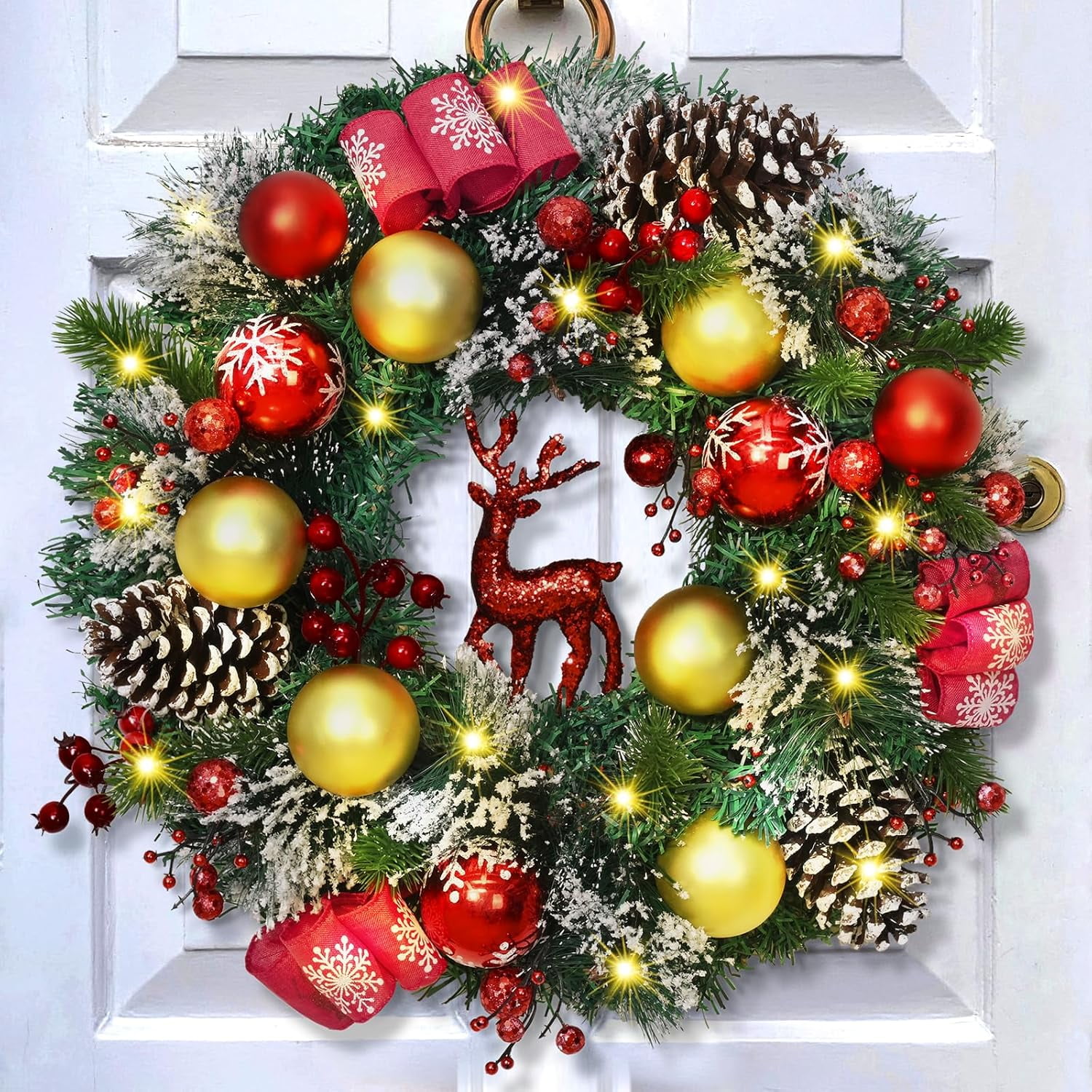 Waipfaru Pre-Lit Christmas Wreaths for Front Door,16"Artificial ...