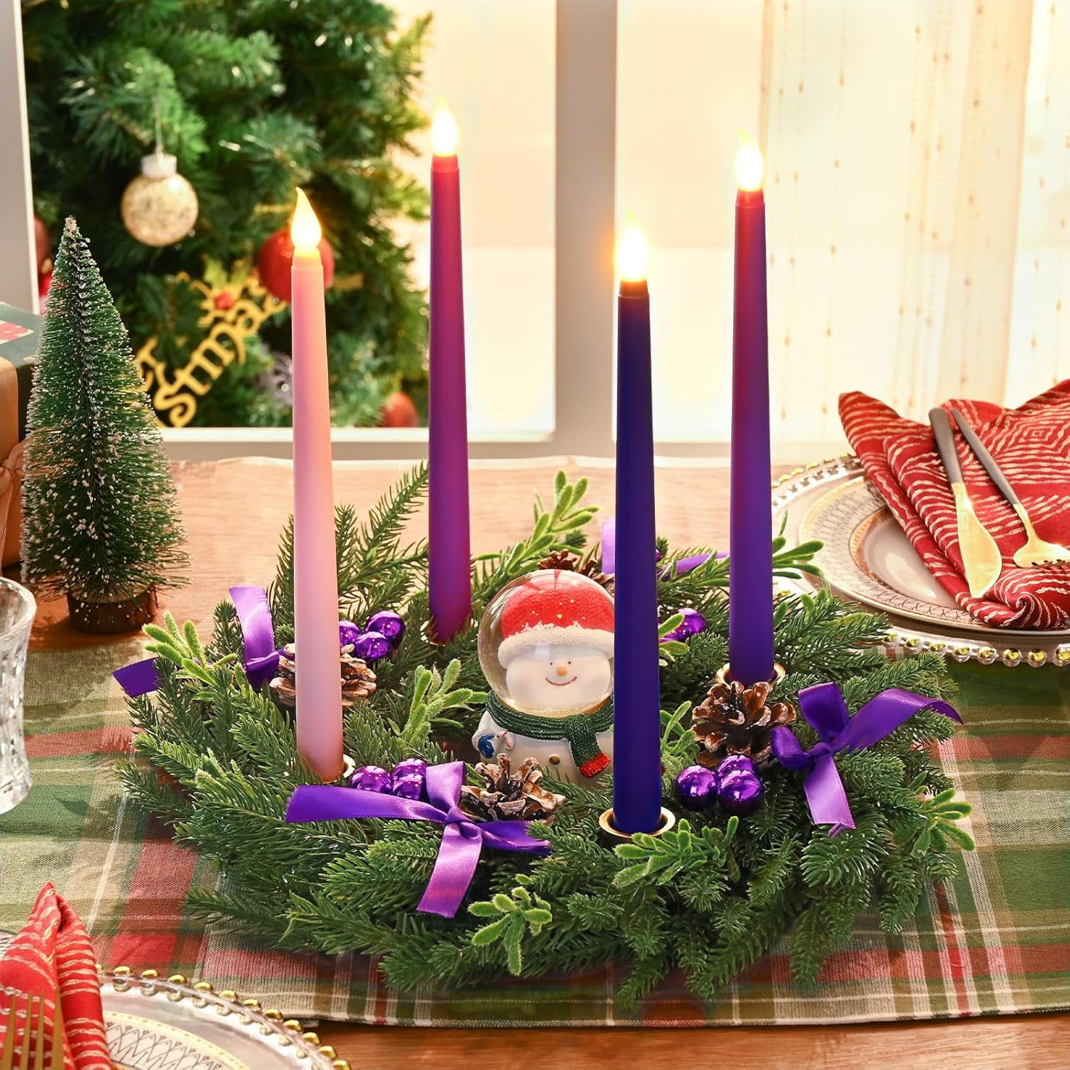 Waipfaru Purple Ribbon Christmas Wreath Advent Ring Candle Holder with ...