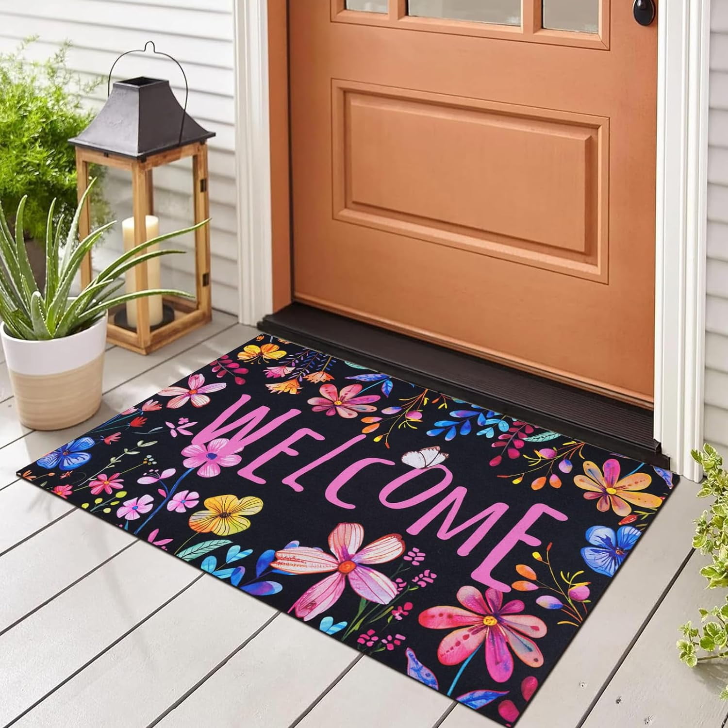 Waipfaru Summer Doormats Purple Floral Welcome Mat for Outdoor Entrance ...