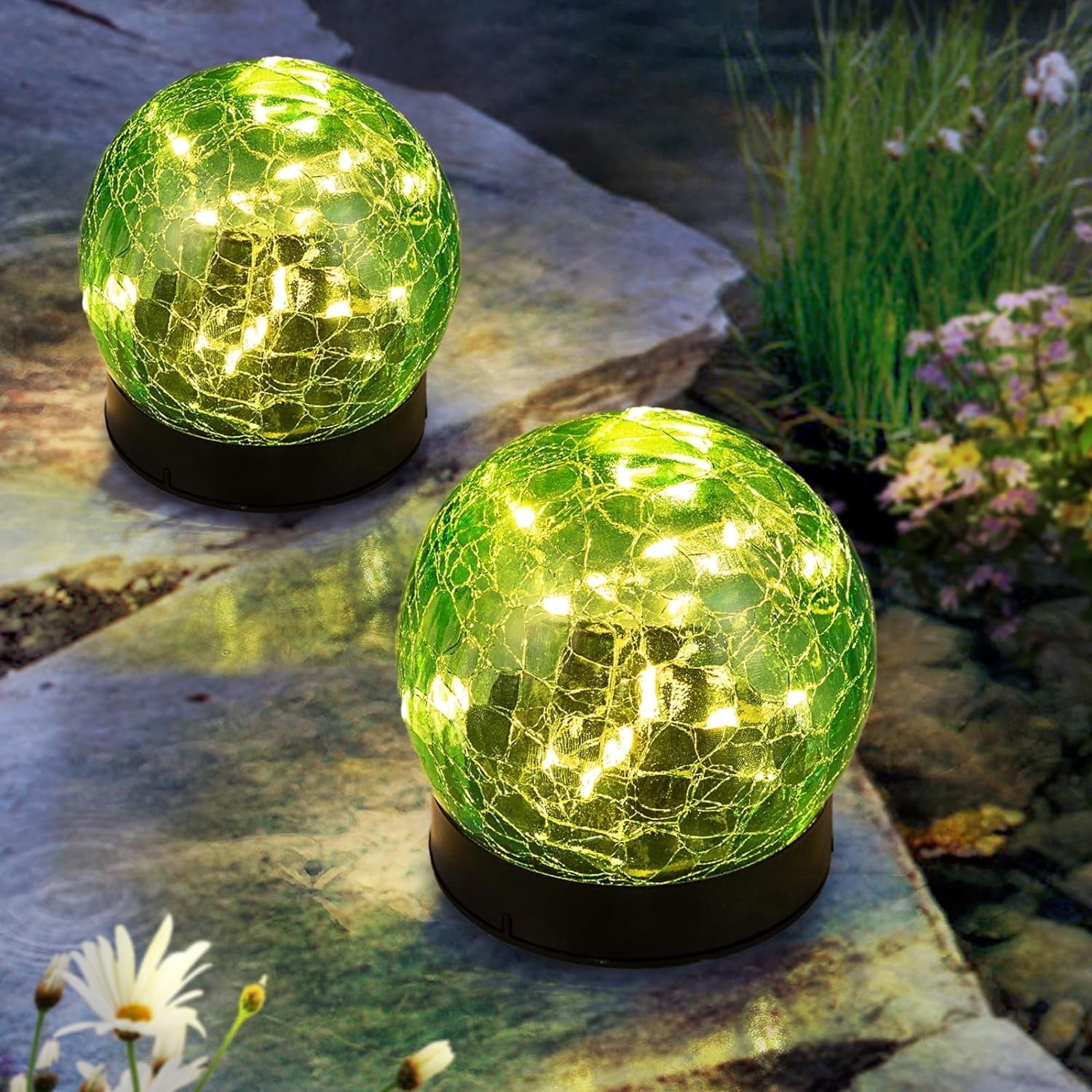 Waitmin Art Deco Solar Garden Lights, Waterproof Green Glass Globes for ...