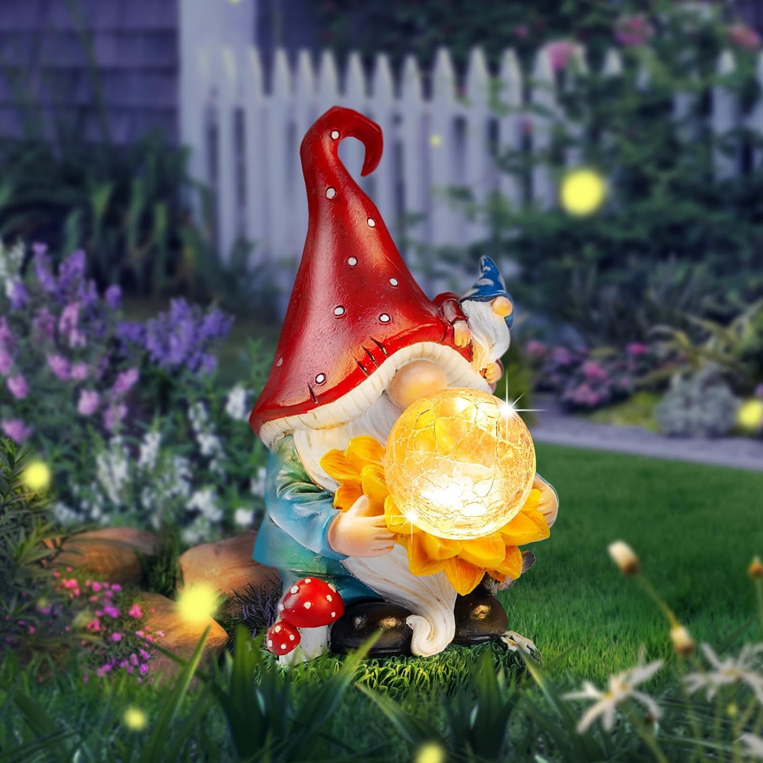 Waitmin Charming Solar Lights Gnome Statues LED Sunflower and Crackled ...