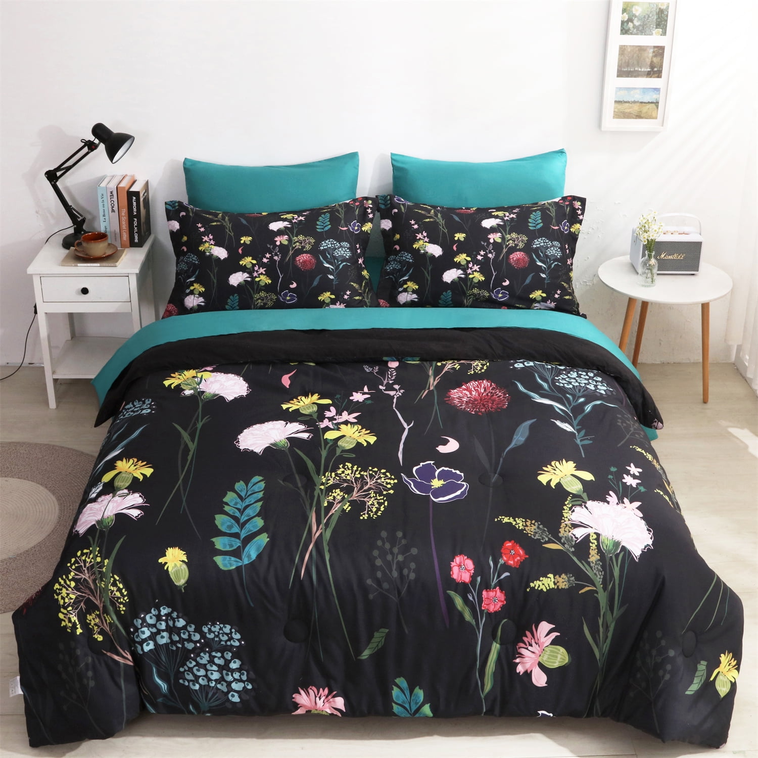 Wajade 7 Piece Colorful Floral Comforter Bedding Set, Queen - Walmart.com