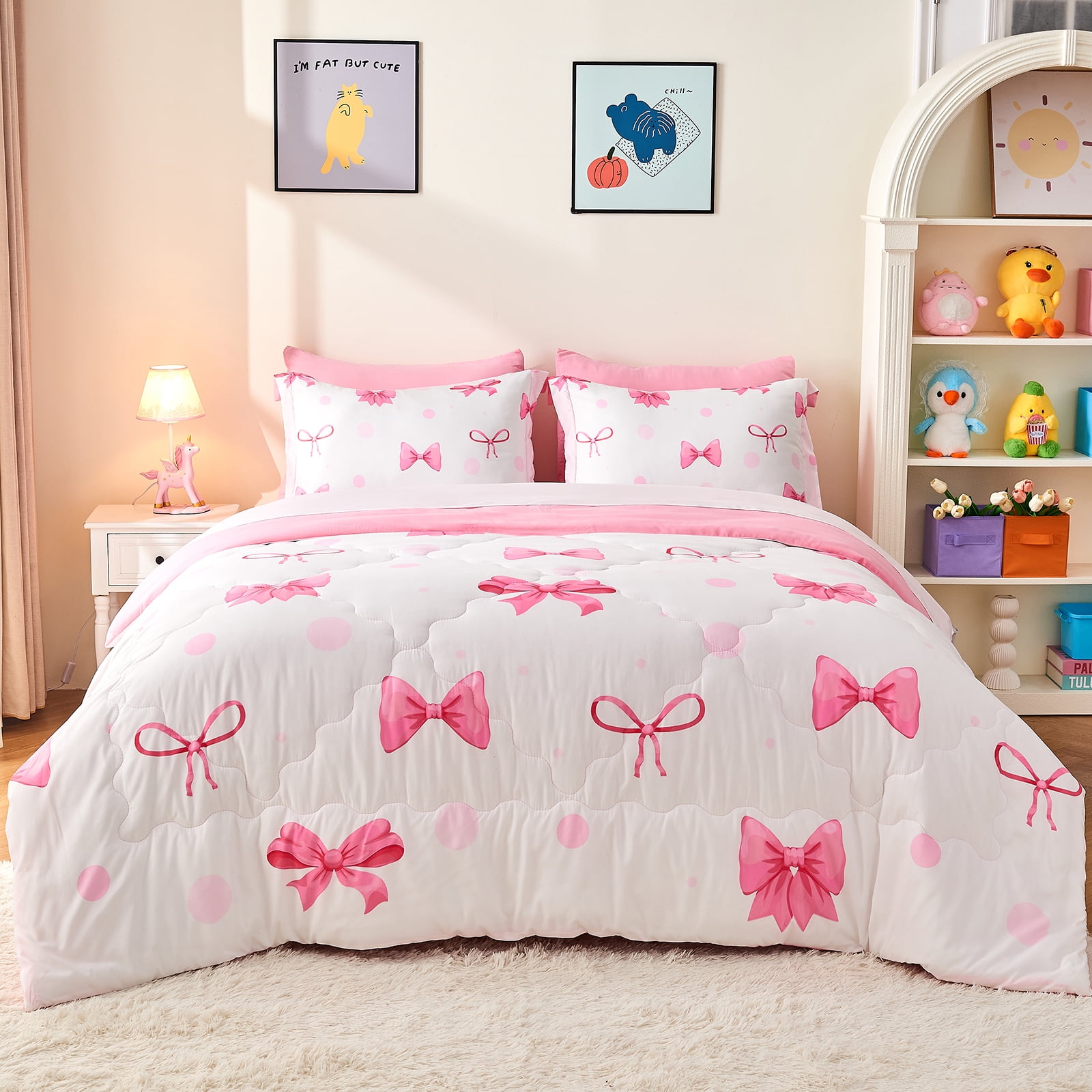 Wajade Pink Bow Bedding Set for Girls Kids 7 Piece Comforter, Full Size ...