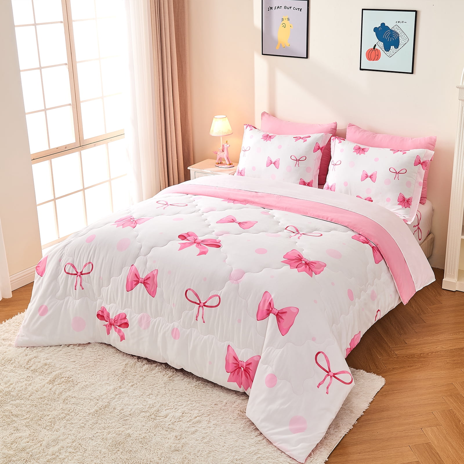 Wajade, Pink Bow Bedding Set, Full Size, 7 Piece Girls Comforter ...
