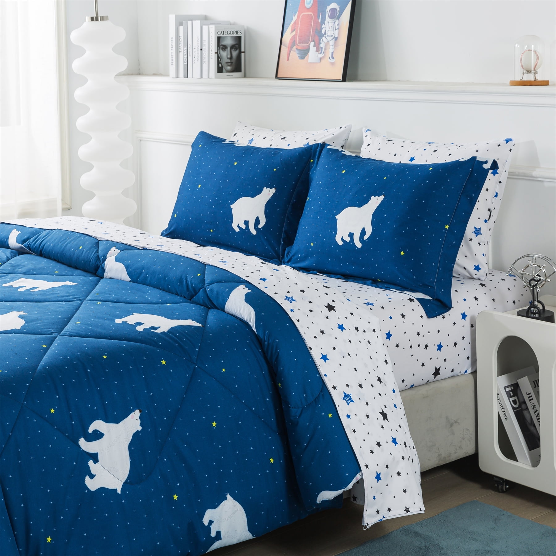 Wajade 7 Piece Polar Bear Star Comforter Set Twin Size for Boys Kids ...
