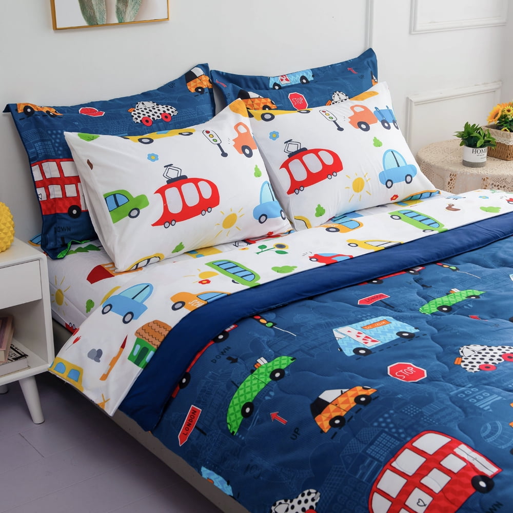 Wajade 7-Piece Kids Comforter Set, Twin - Cartoon Cars, Bus Bedding Set ...