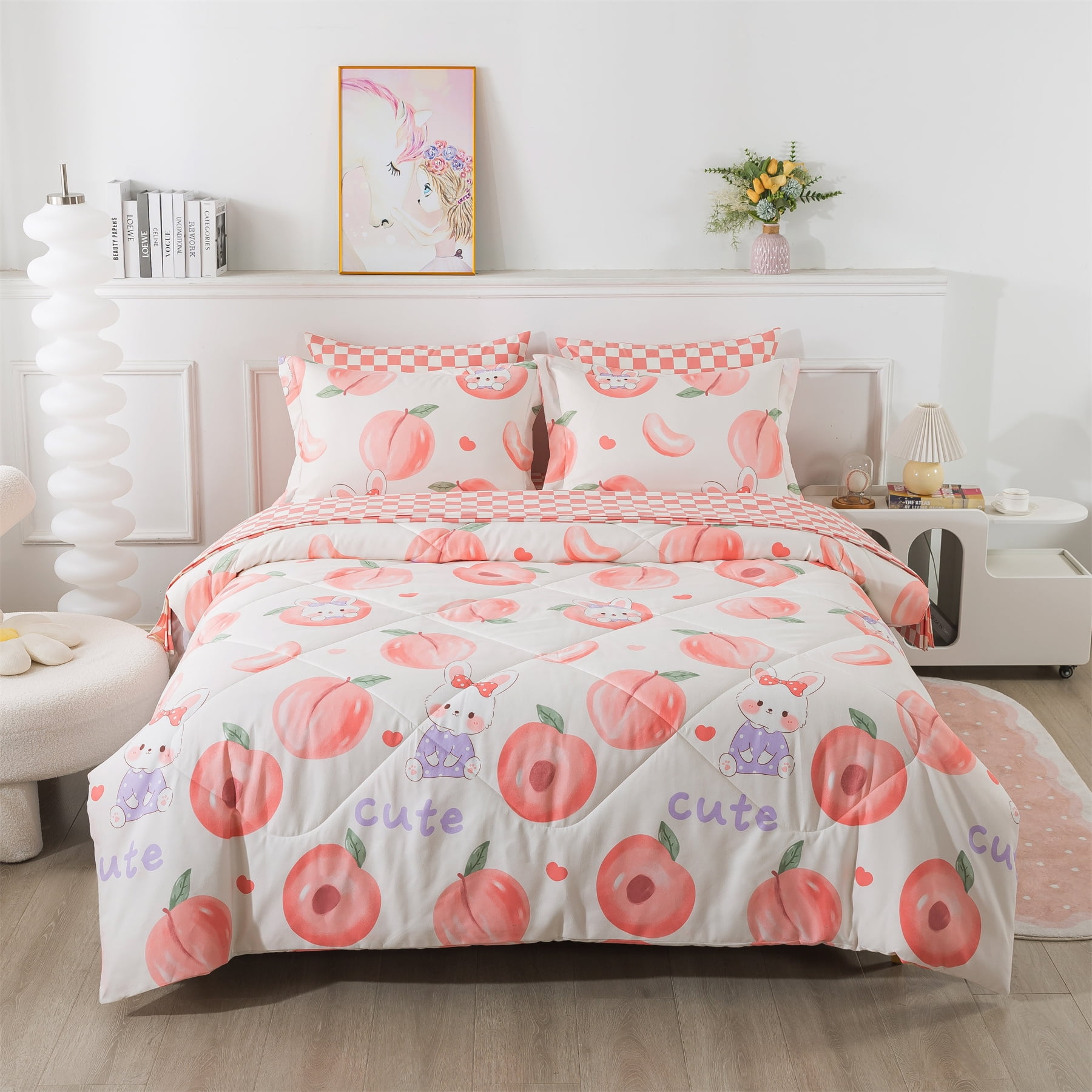 Wajade Cute Rabbit Peach Comforter Set Twin Size for Girls Kids Teens 7 ...