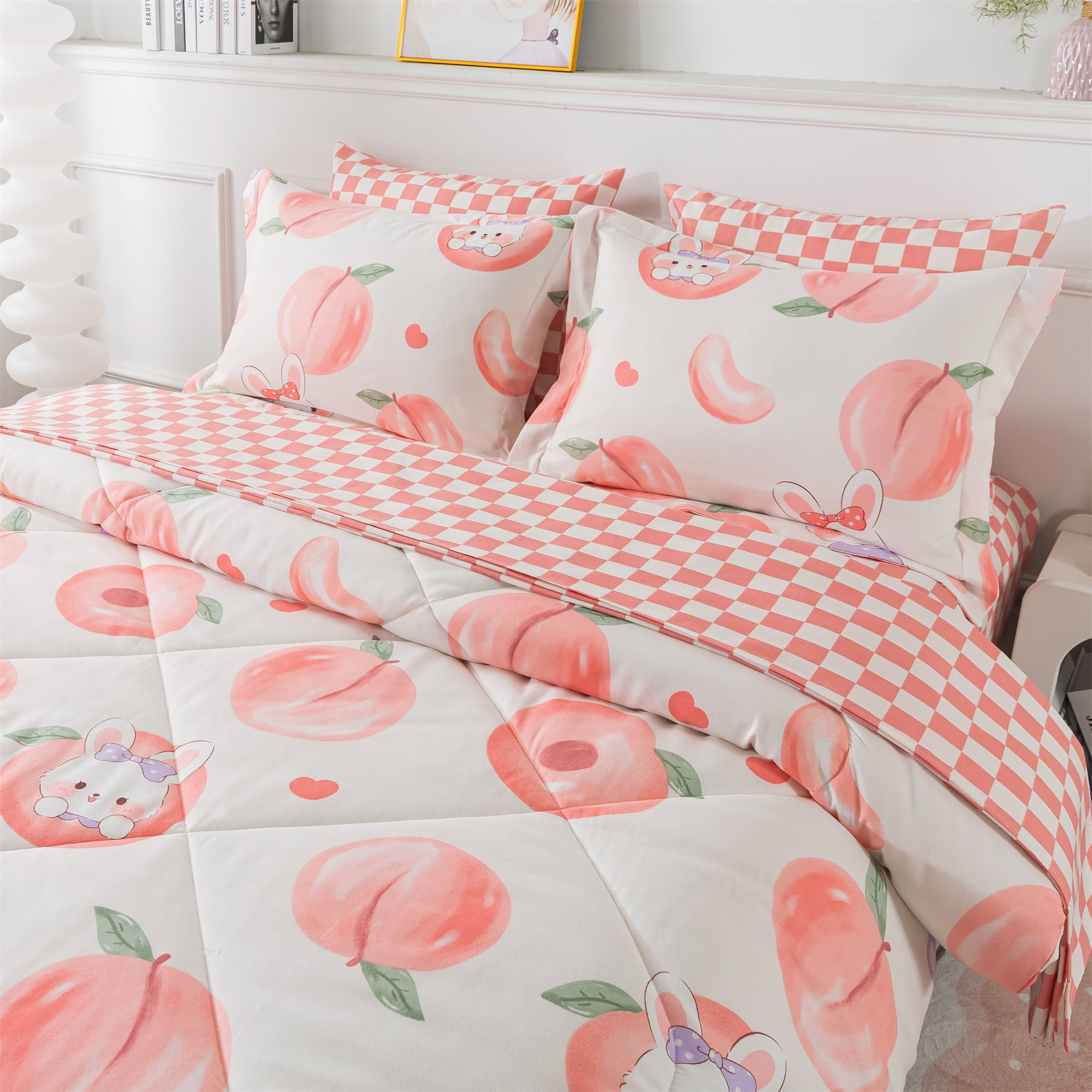 Wajade Kids Twin Comforter Set with Peach and Rabbit Print 7 Piece Bed ...