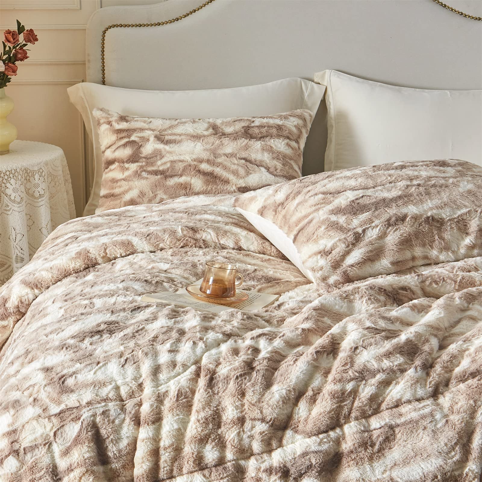 Wajade Faux Fur Comforter Set King Size, 3 Pieces Ultra Soft Marbled ...