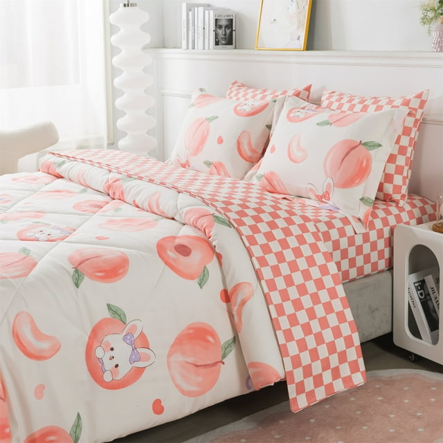 Wajade Girls Rabbit Peach Comforter Set Full Size 7 Piece Bed in A Bag ...