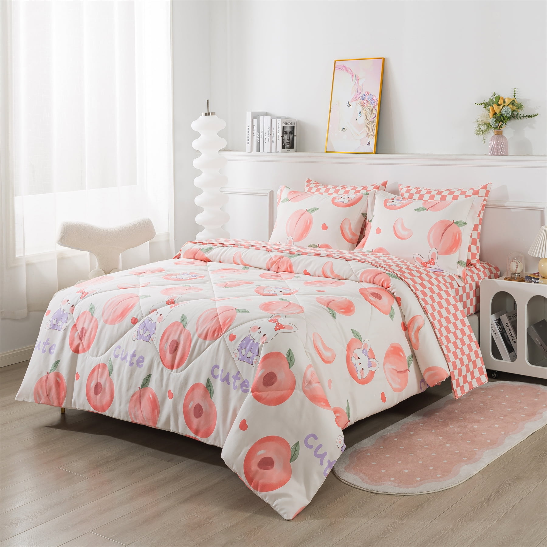 Wajade Girls Rabbit Peach Comforter Set Full Size 7 Piece Bed in A Bag ...