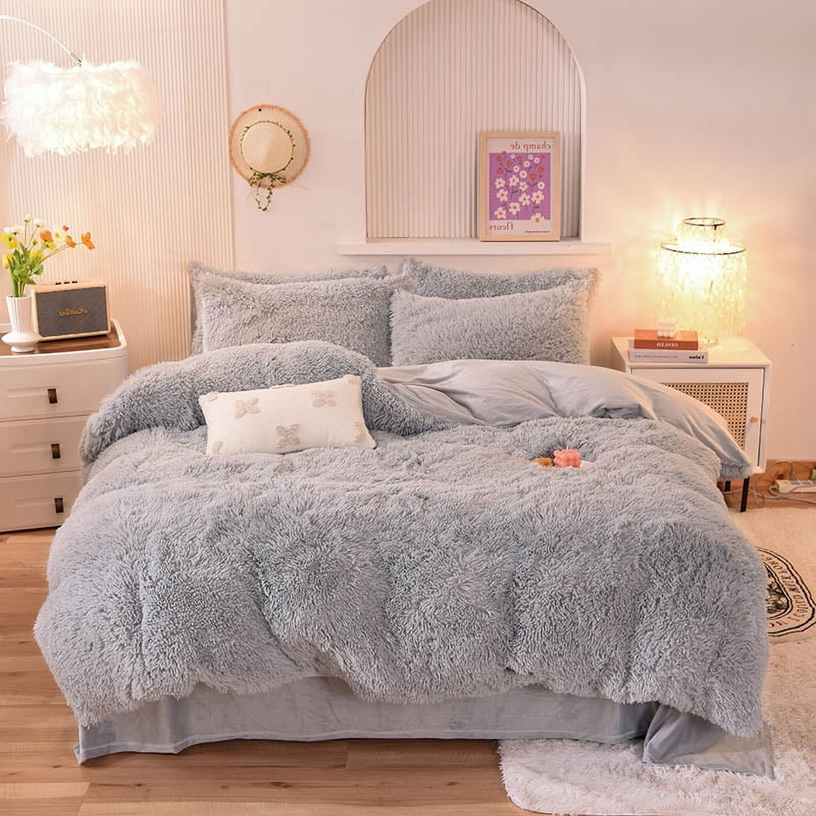 Wajade Plush Shaggy Ultra Soft Bedding Set 3-Piece Luxury Light Gray ...