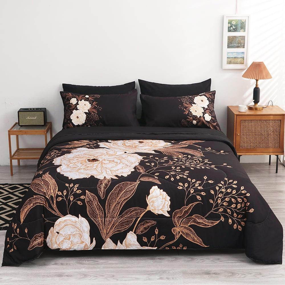 Wajade 7 Piece White Peony Floral Comforter Set, Bedroom Bedding with ...