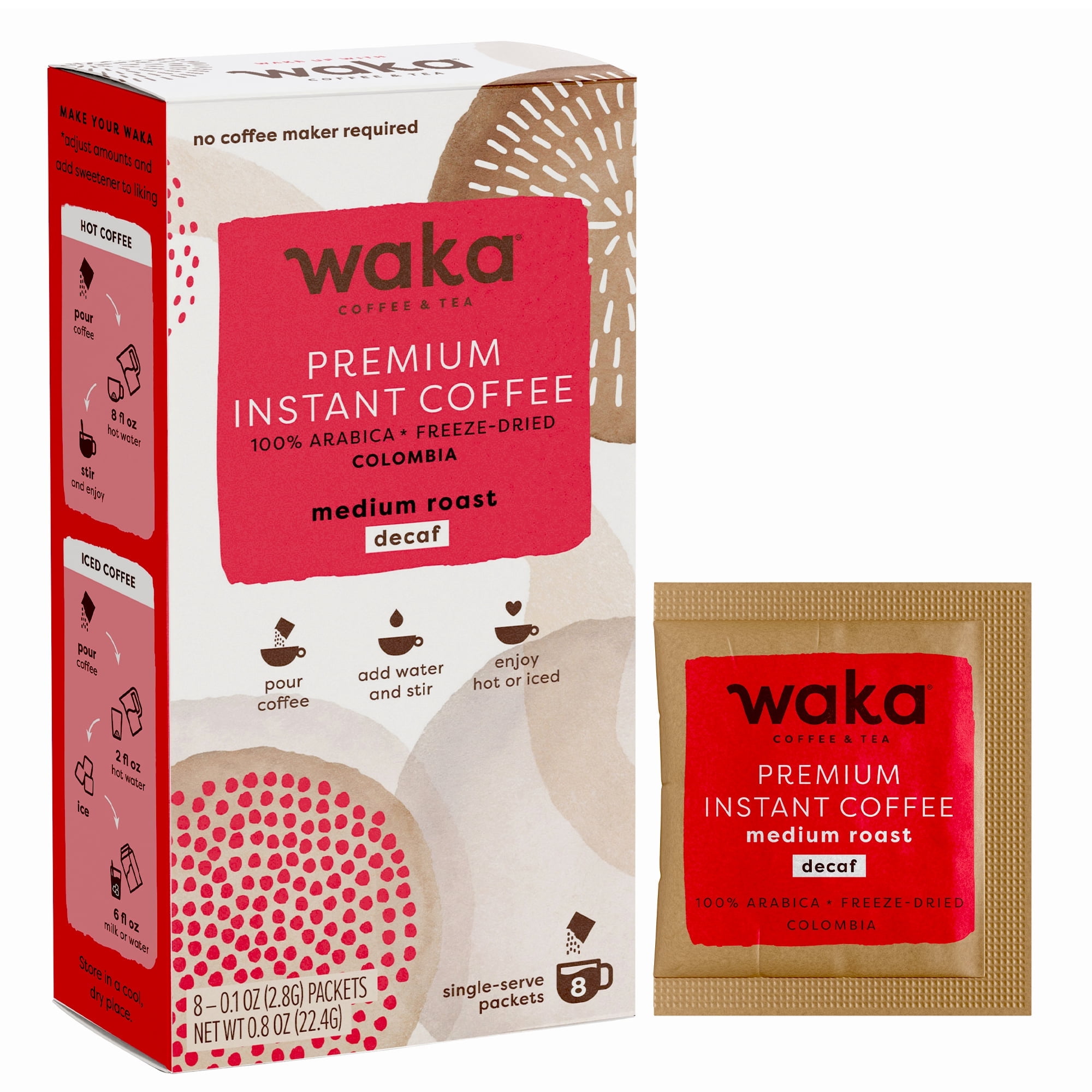 Waka Quality Decaf Instant Coffee — Medium Roast — Arabica Beans & Freeze Dried — 8 Packets ...