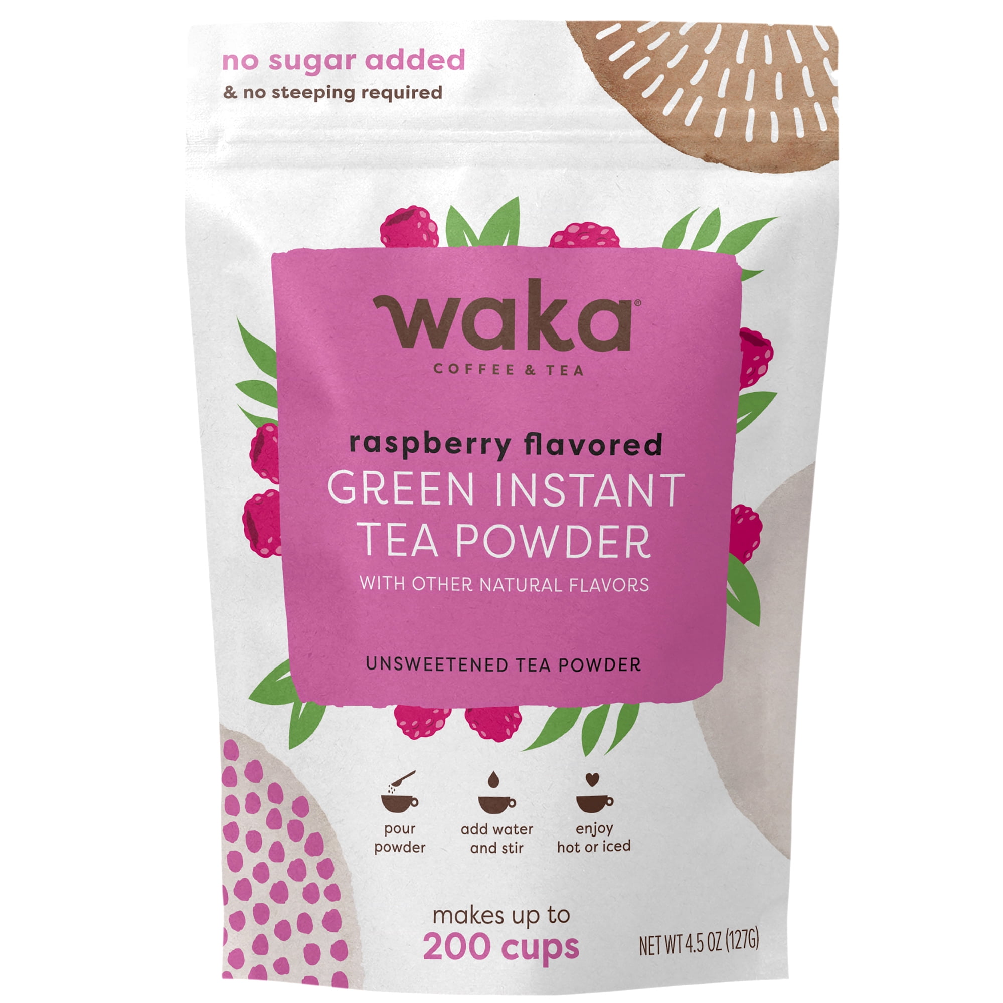 Waka Raspberry Flavored Instant Green Tea Powder, Unsweetened, 100% Tea ...