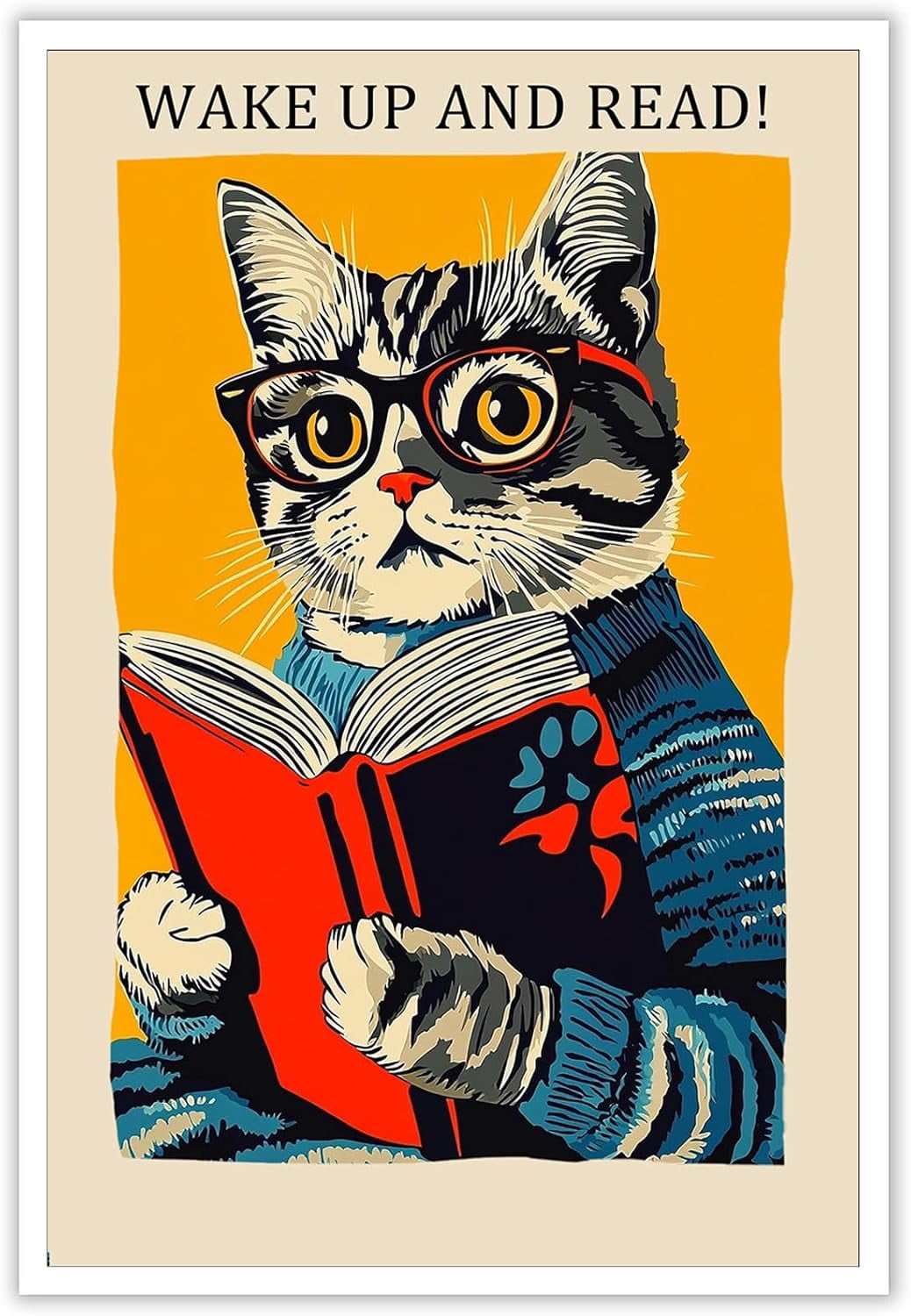 Wake Up And Read Posters Cute Cool Cat With Glasses Reading Book Canvas ...
