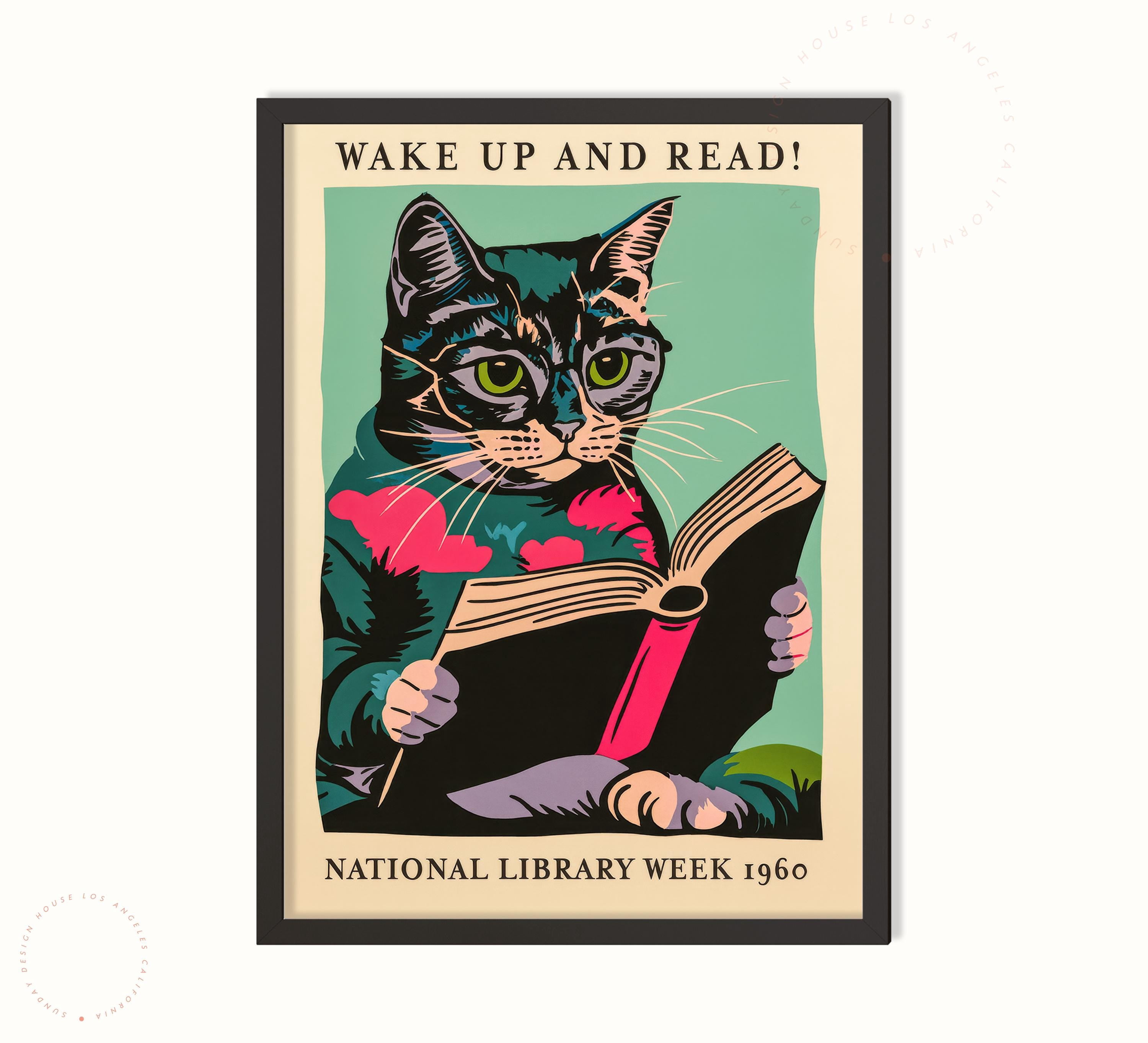 Wake Up And Read Cat Poster Vintage Library Wall Art Retro 1960S Style ...