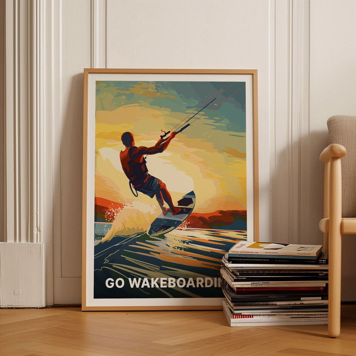 Wakeboarding And Kitesurfing Travel Poster, Retro Ocean Adventure Art ...