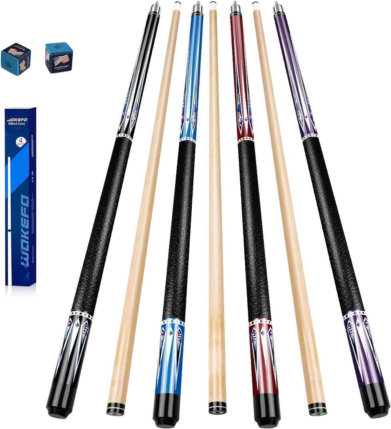 Wakefa 58 inch Maple Wood Pool Cue Stick Set of 4: 13mm Tip, 18-21 oz ...