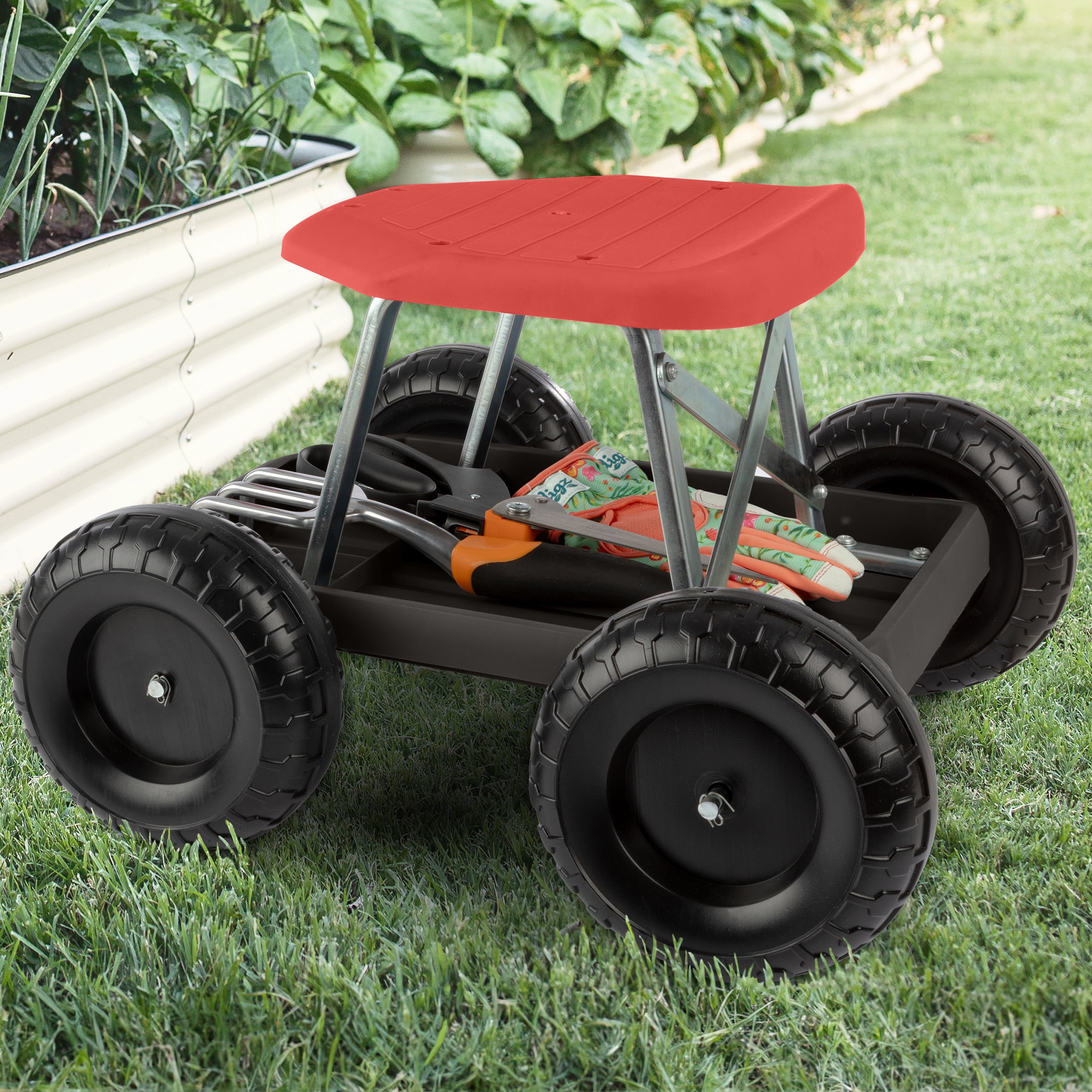 Pure Garden Gardening Stool - Rolling Garden Seat with Tray (Red and ...