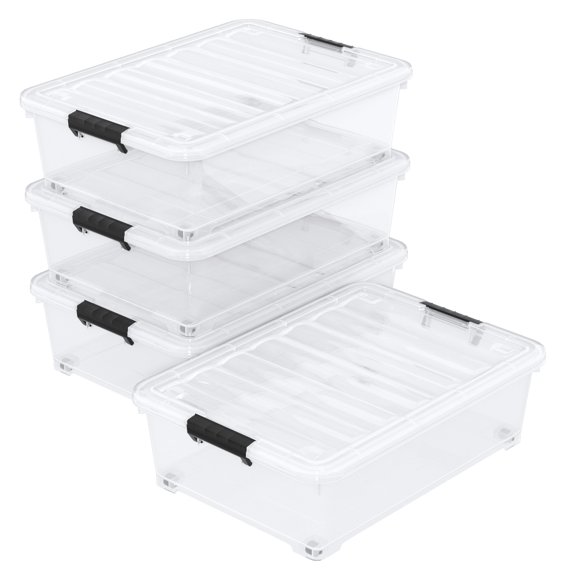 4 Pack Multipurpose 25 Qt Underbed Secure Latching Bin, Plastic Storage ...