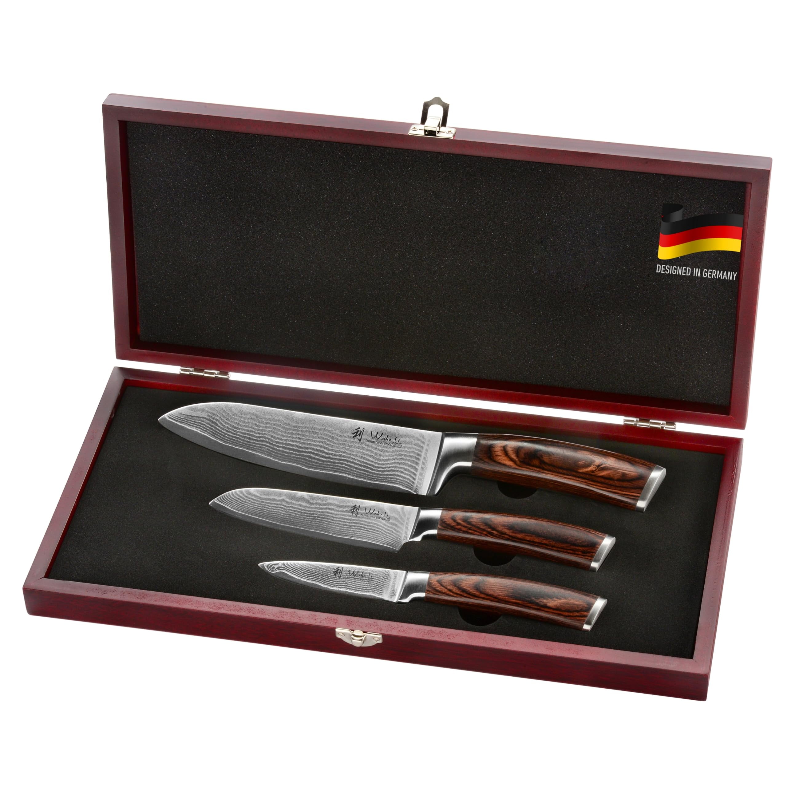 Wakoli EDIB 3-Piece Damascus Kitchen Knife Set in Wooden Gift Box ...