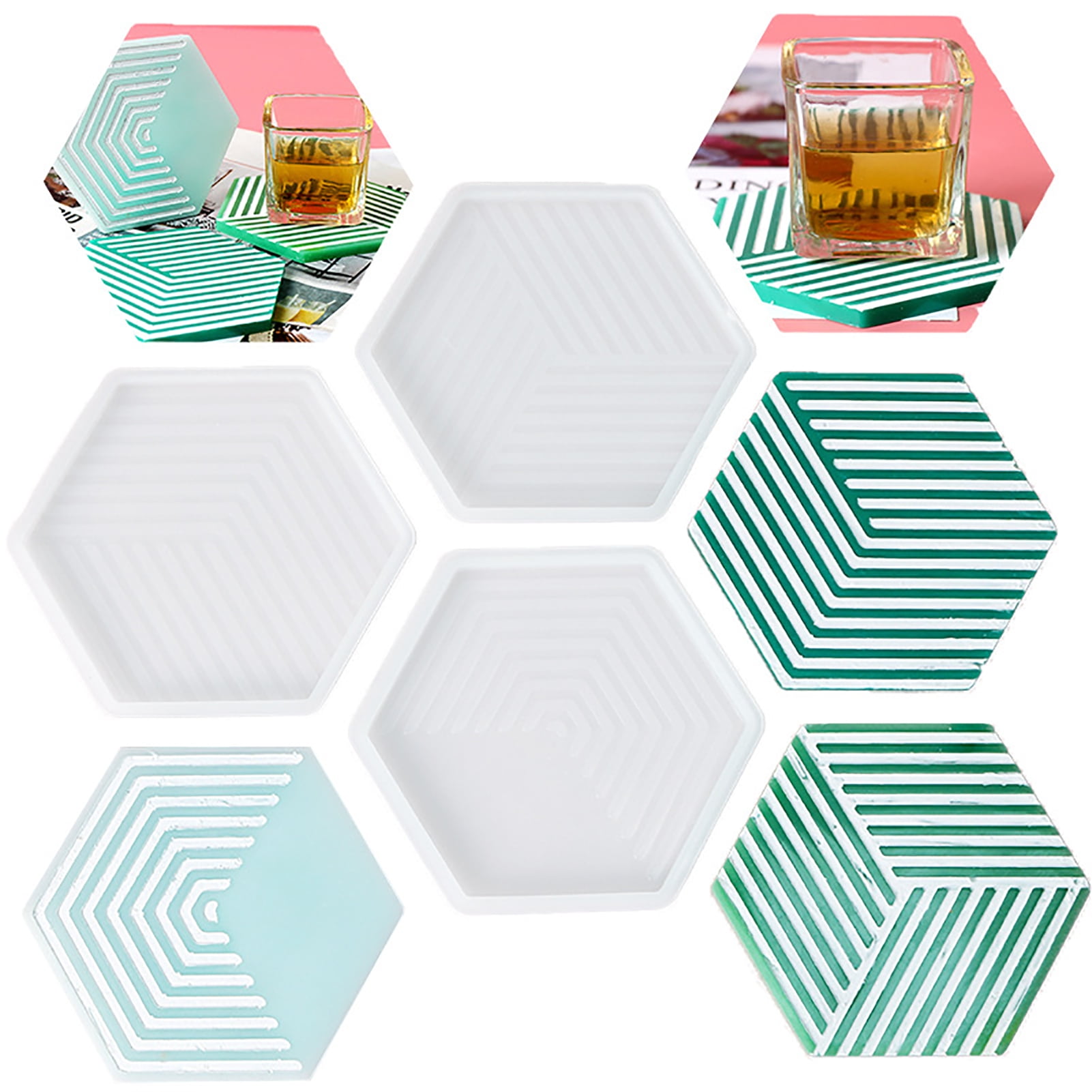 Walbest 1 Piece Epoxy Resin Mold Geometric Stripes Hexagonal Cup Mat ...
