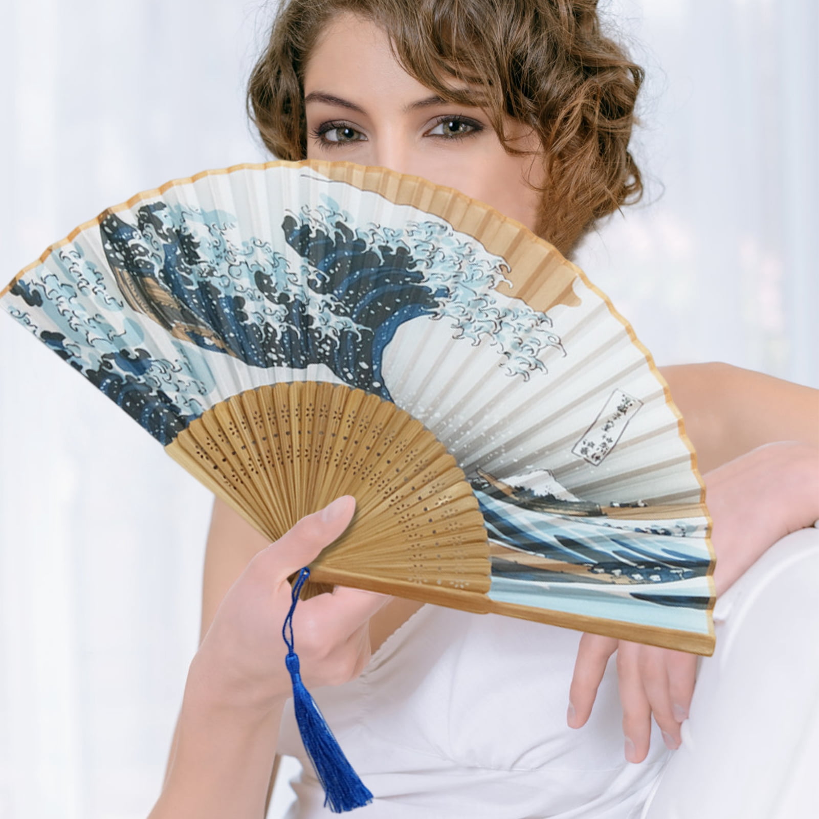 Walbest 1 Set Handheld Fan Ocean Wave Pattern Bamboo Folding Fan with ...
