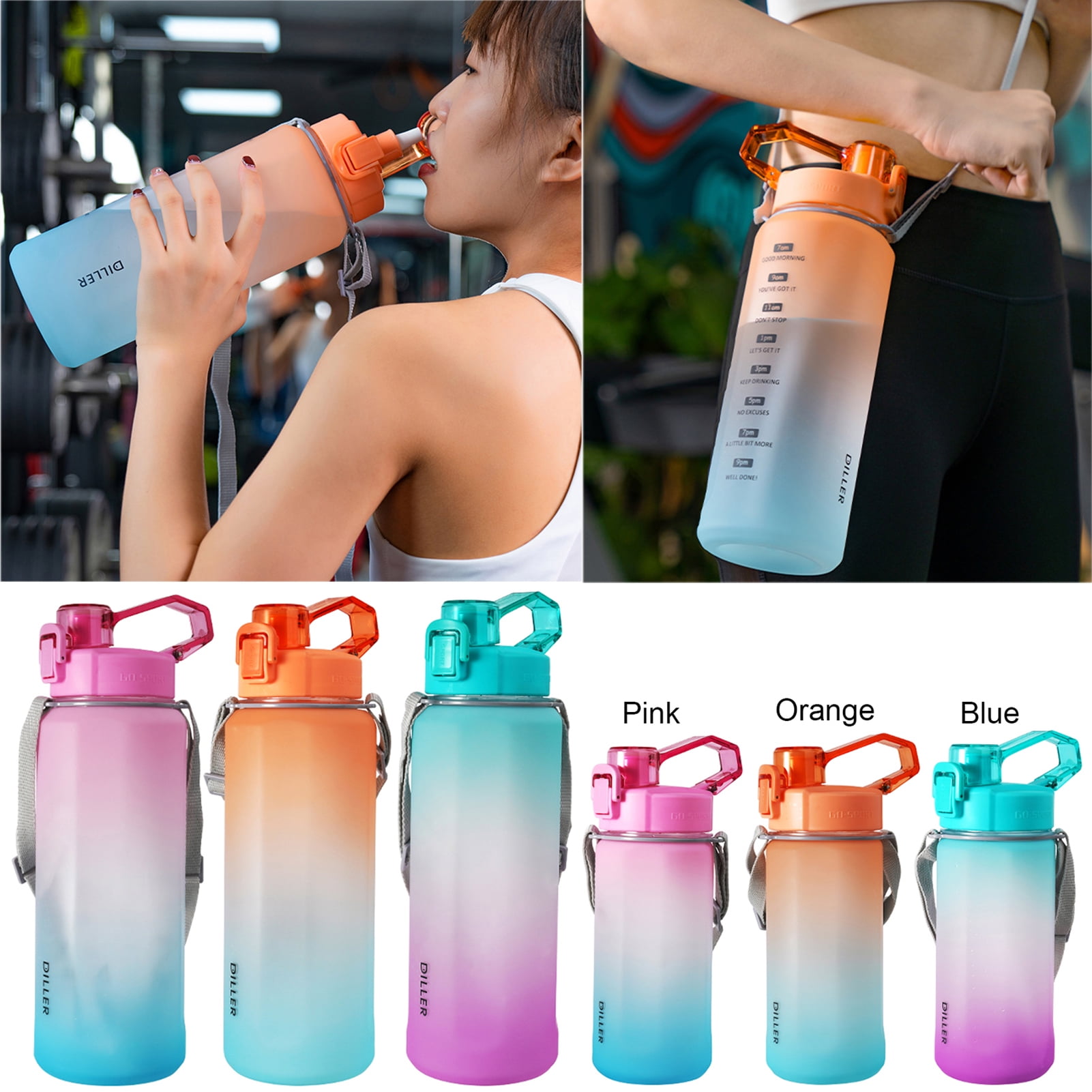 Walbest 1050ML/2000ML Gradient Color Large Capacity Water Bottle Leak-proof One-piece Design ...