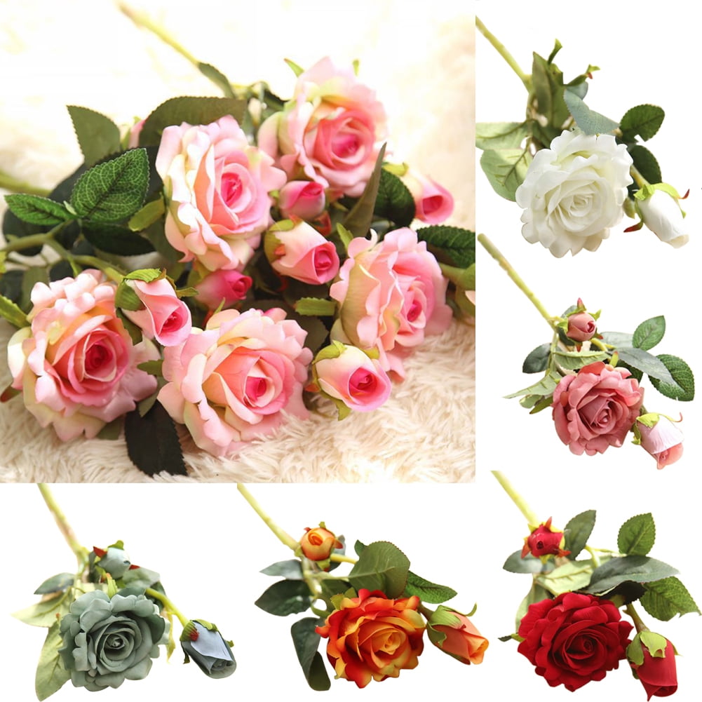 Walbest 1Pc Artificial Rose Flower, Realistic Fake Rose Long Stem Silk ...