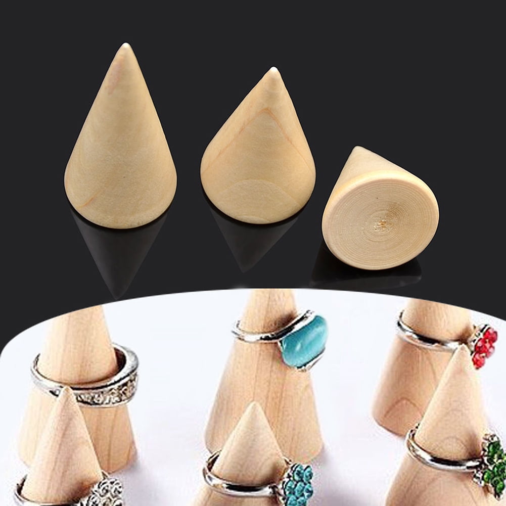 Walbest 3 Pieces Wood Cone Ring Holders Cone Shape Ring Display Holder ...