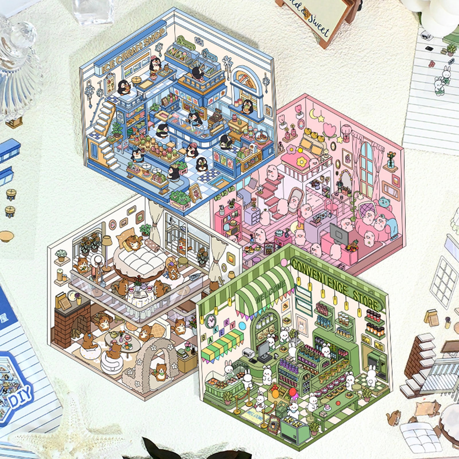 Walbest 4 Sets DIY 3D House Stickers Reusable Korean Stickers Miniature ...