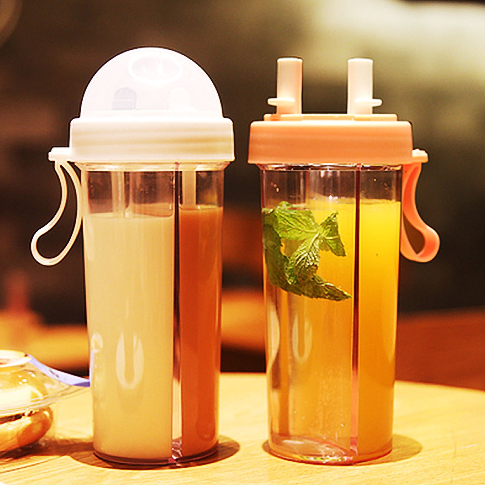 Walbest 420/600ml Portable Dual Straw Separate Drink Water Beverage ...