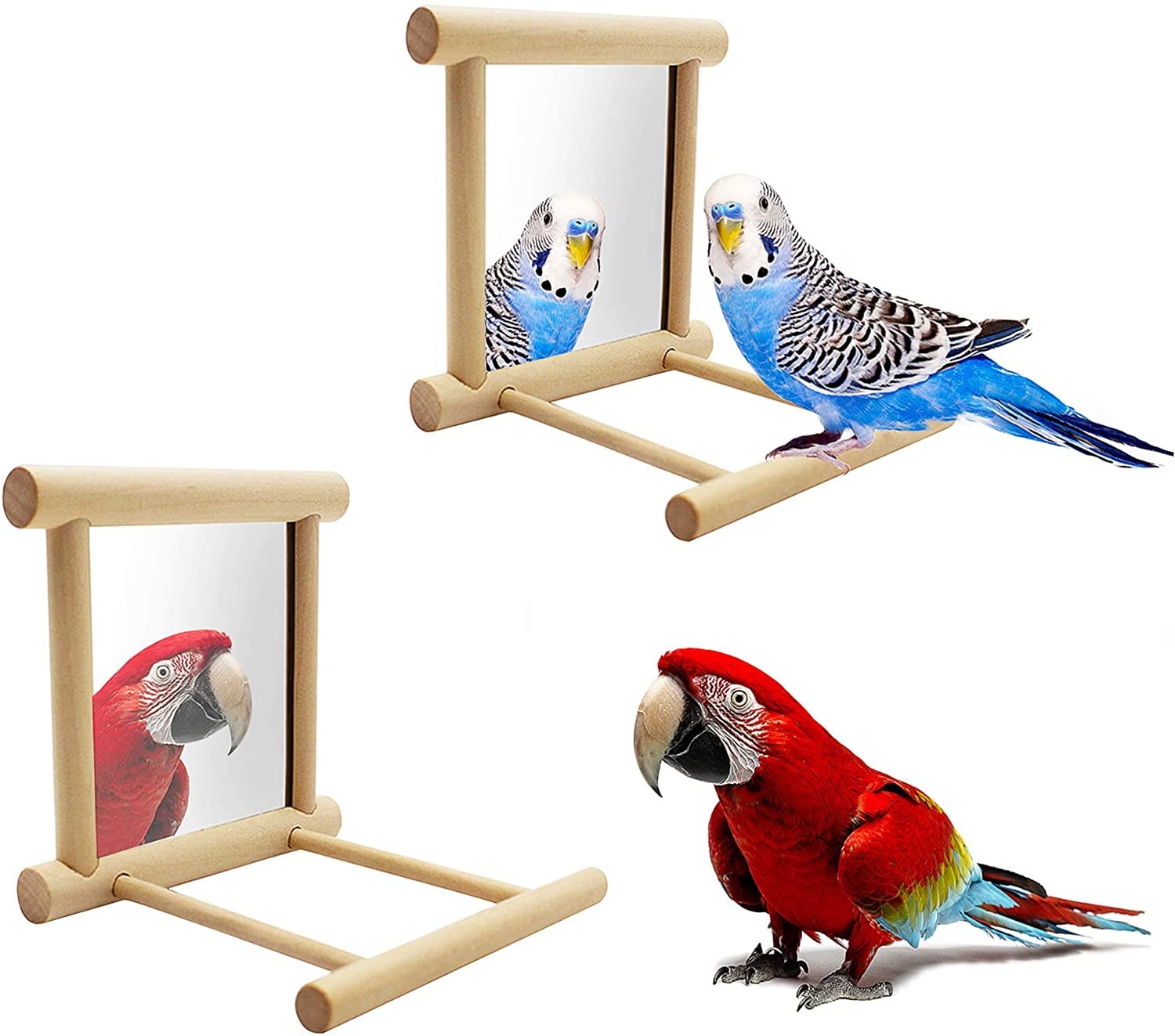 Walbest Bird Parakeet Mirror for Cage, Parrot Perch Stand, Wooden ...