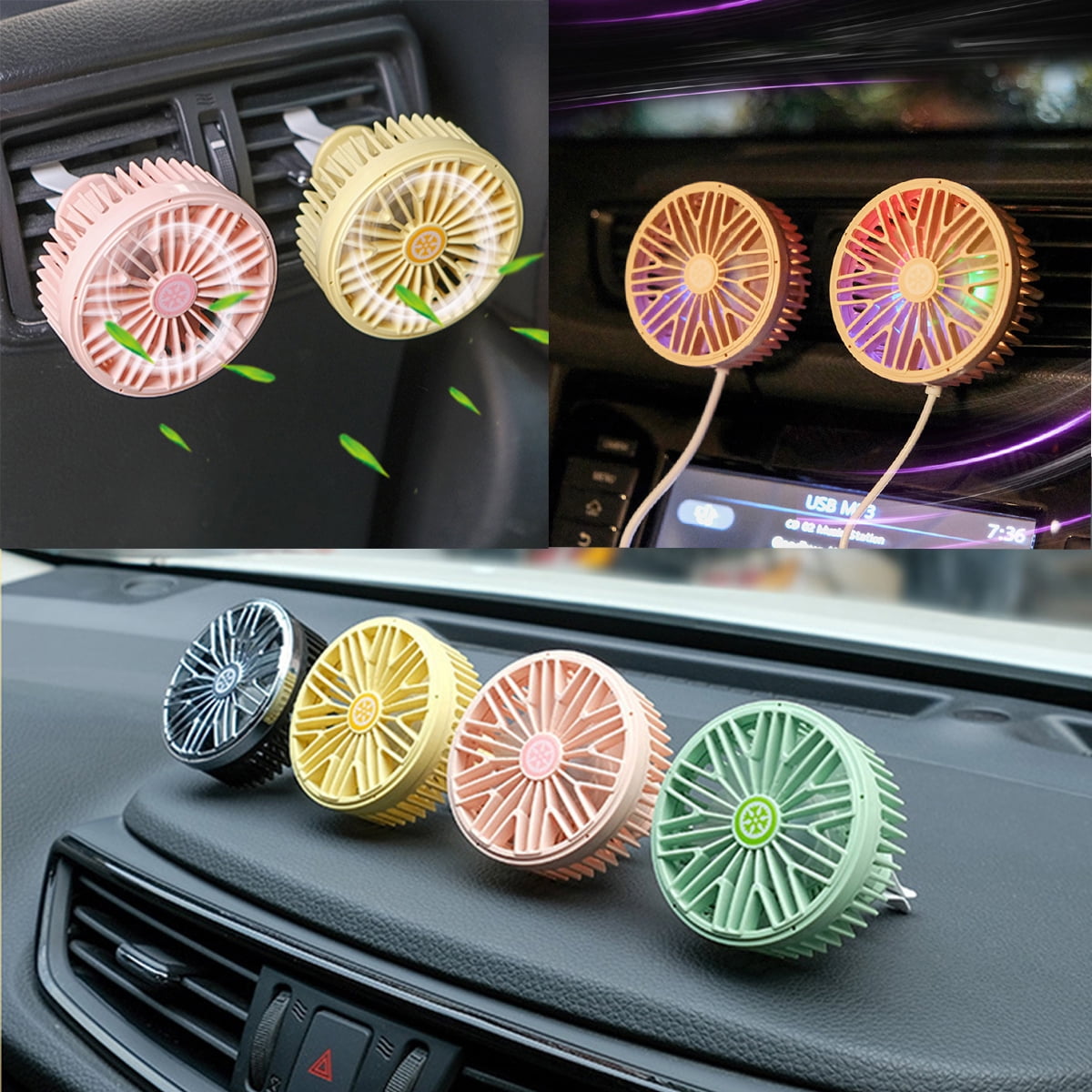 Walbest Car Air Vent USB Fan Auto Cooling Fan with LEDLight/Car USB Fan ...