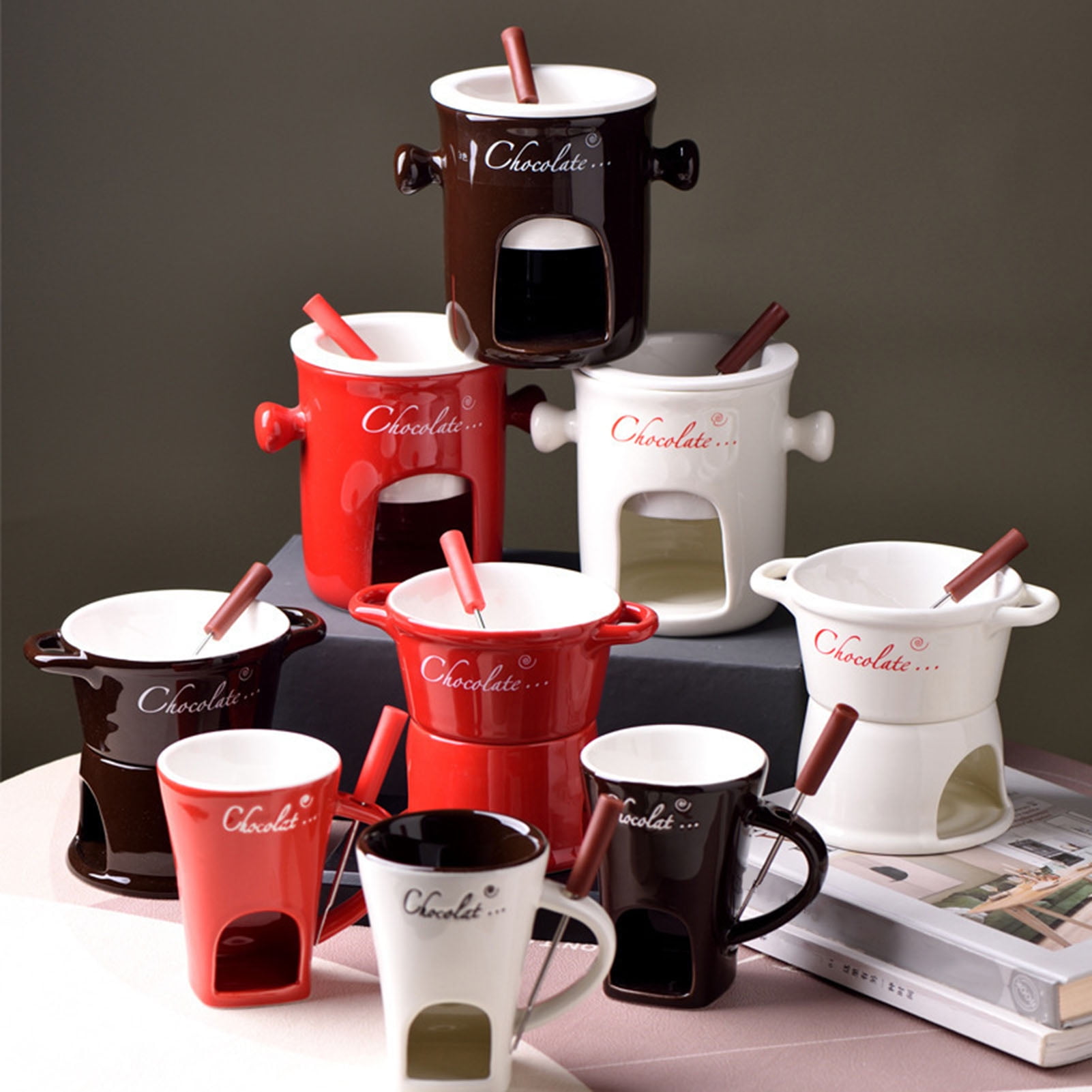 Walbest Chocolate Fondue Mug Set Ceramic Chocolate Melting Mug with ...