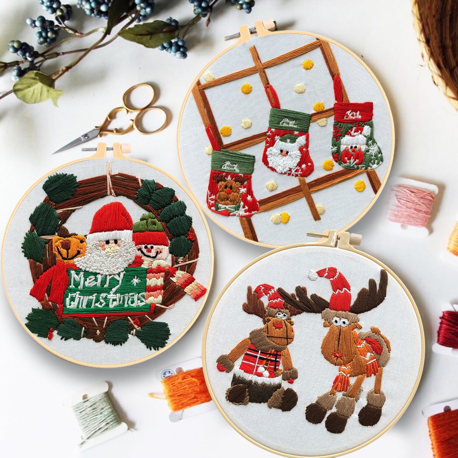 Walbest Christmas Embroidery Kit DIY Hand Embroidery Kit with Hoops ...